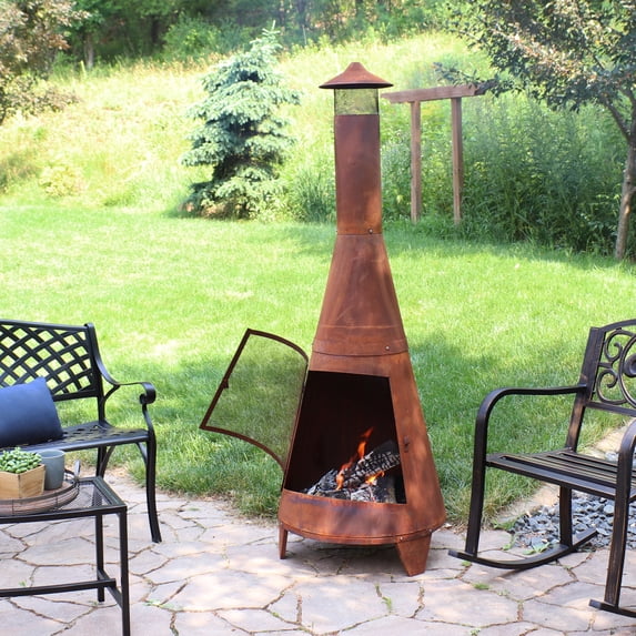 Sunnydaze, Steel Wood-Burning Chiminea, 70" Rust Patina, Spark Screen ...