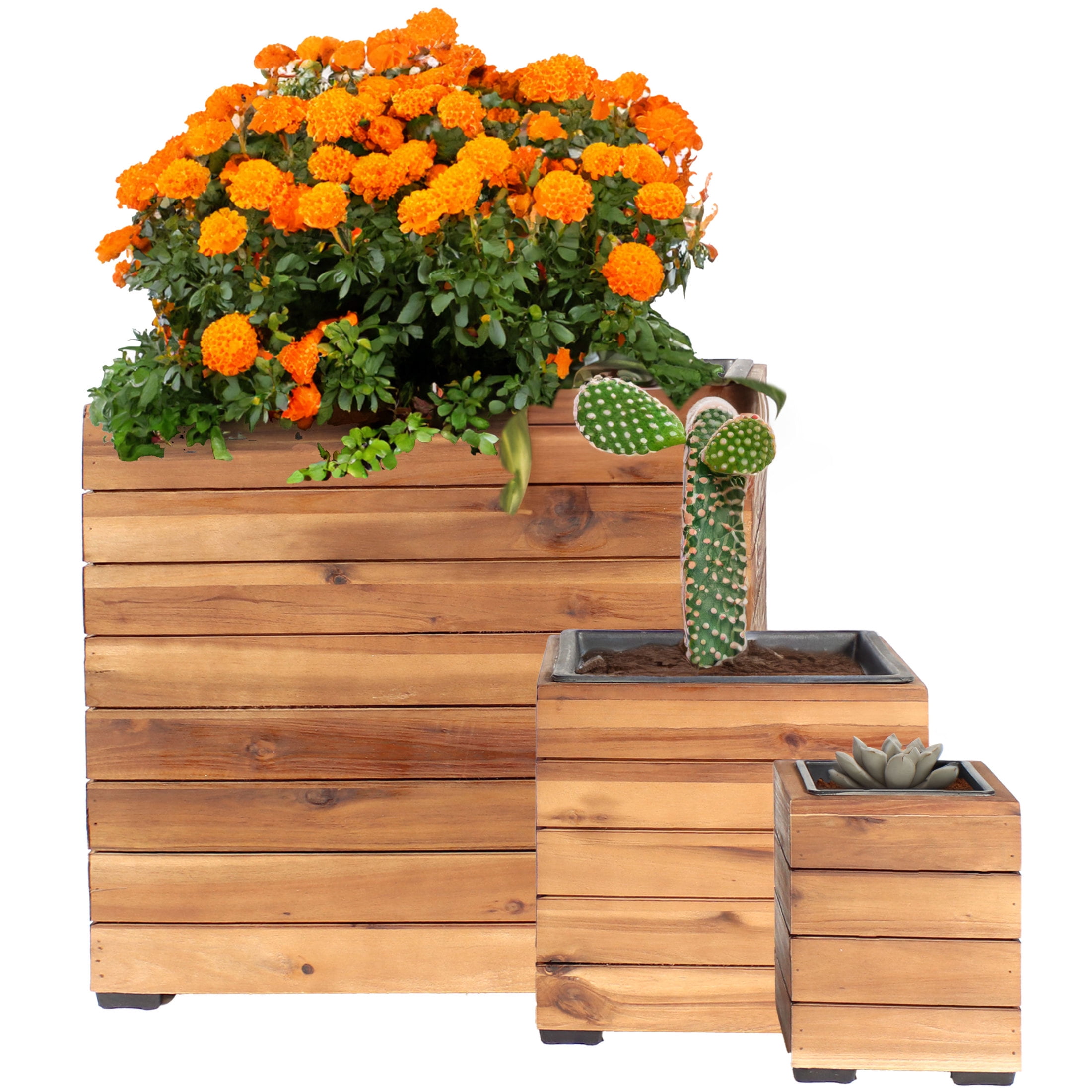 Sunnydaze Assorted Square Light Brown Acacia Wood Planter Box with ...