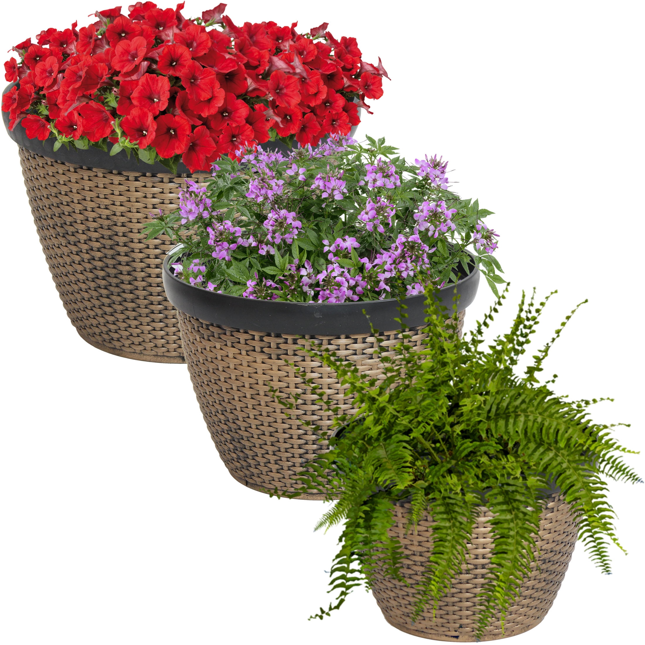 Sunnydaze Basketweave Assorted Round Brown Polyresin Outdoor Planter ...