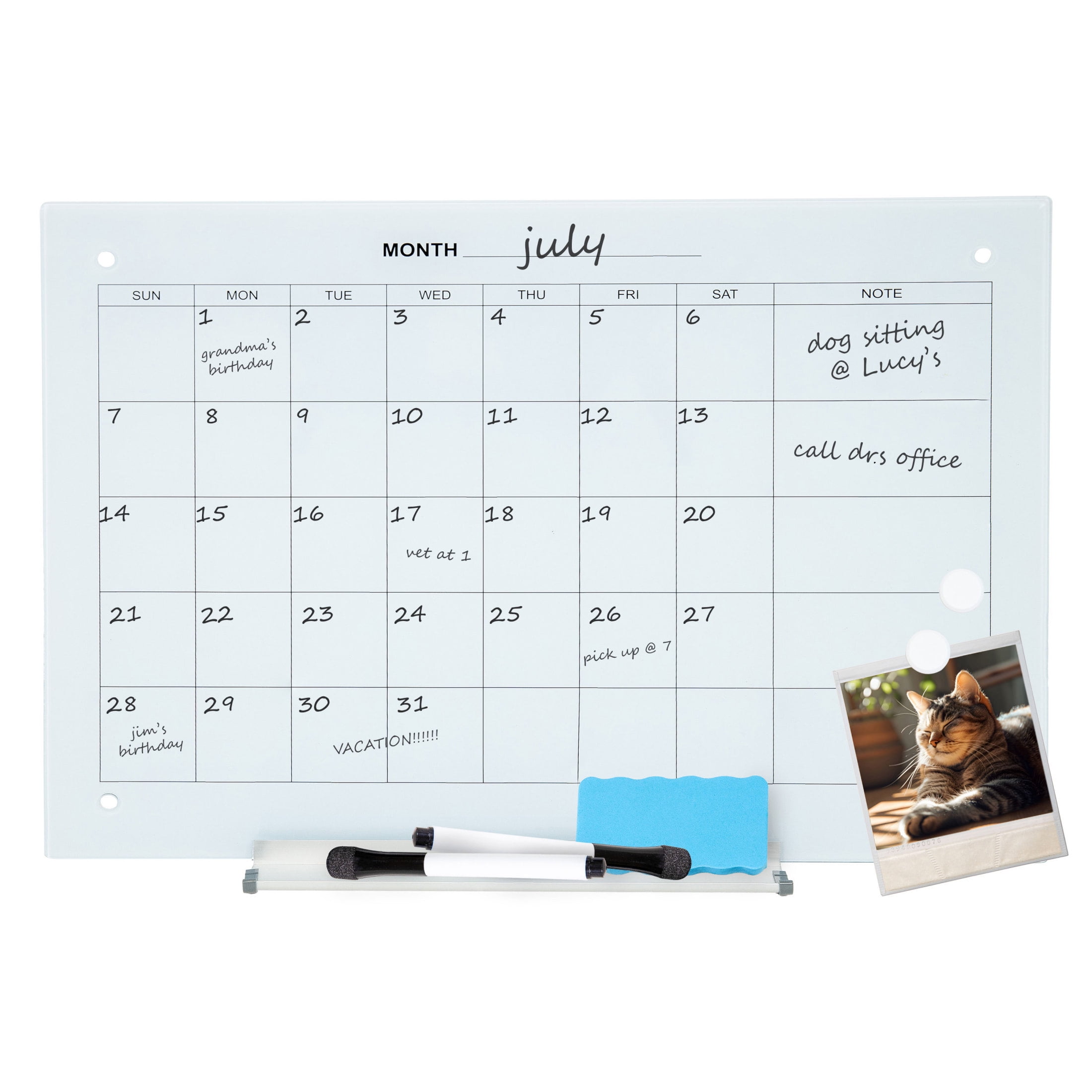 Sunnydaze Glass Whiteboard Calendar for Wall with Markers - White ...