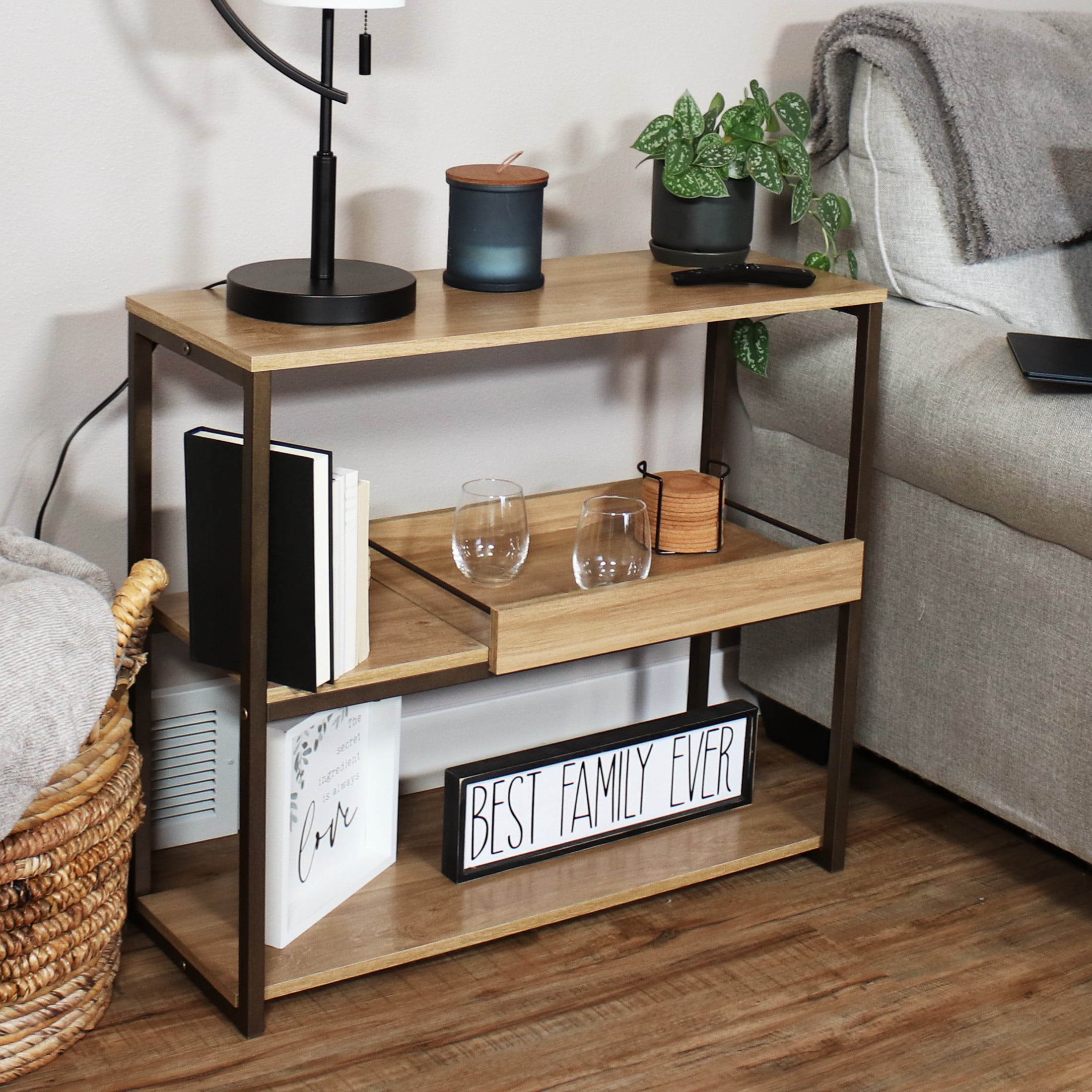 Sunnydaze Industrial MDP 3-Shelf Console Table with Serving Tray, Brown ...