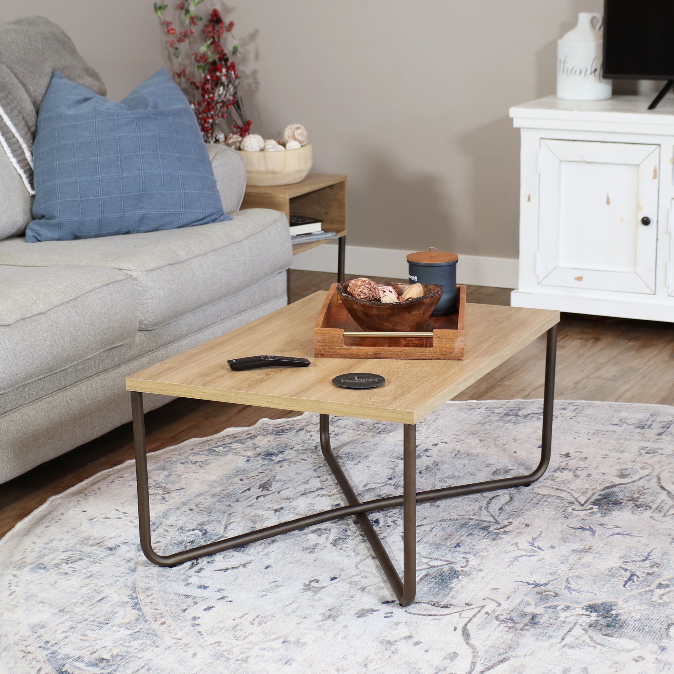 Sunnydaze Industrial Rectangular MDP Coffee Table with Cross Legs ...
