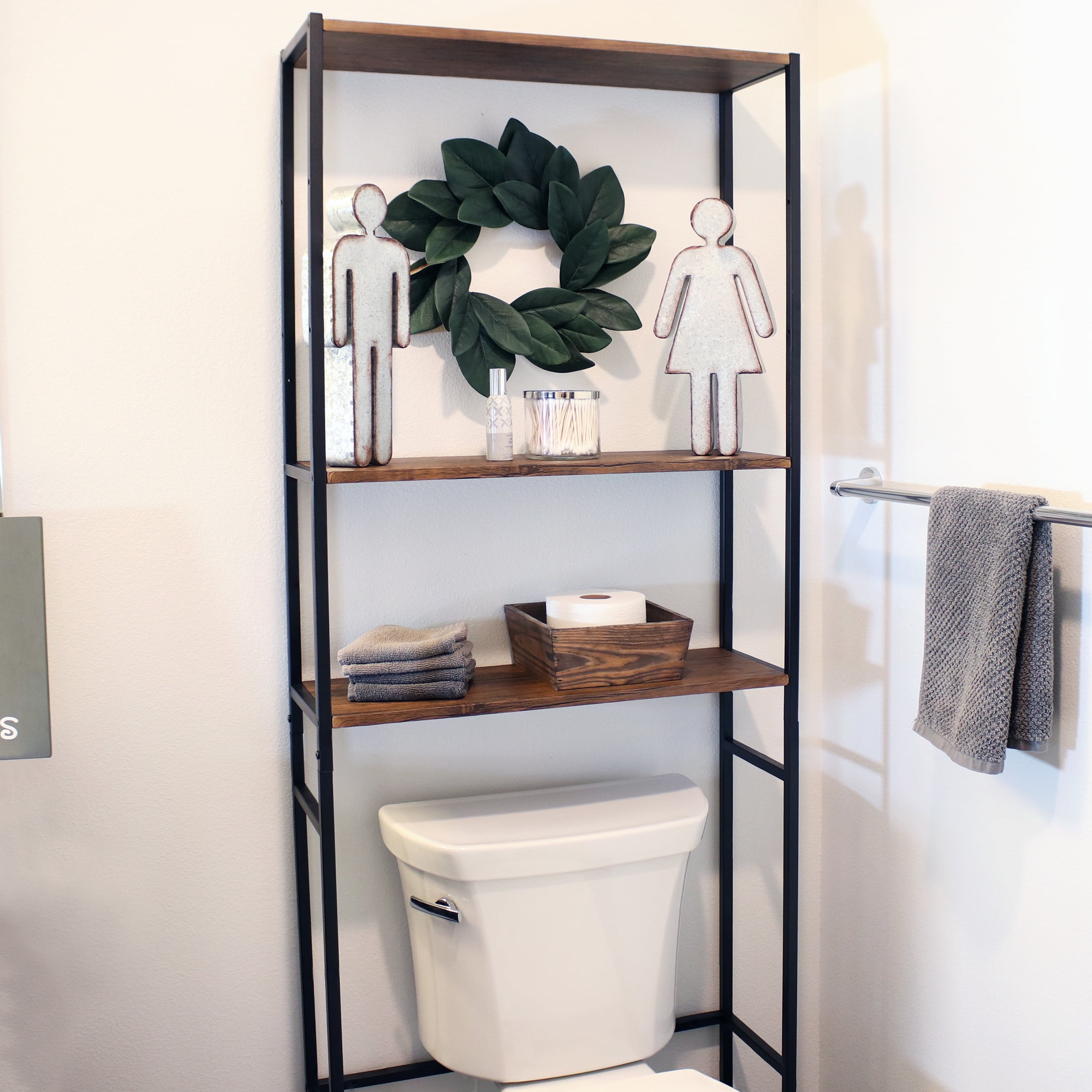 Sunnydaze Industrial-Style 3-Tier Over-the-Toilet Shelf, Teak Brown ...