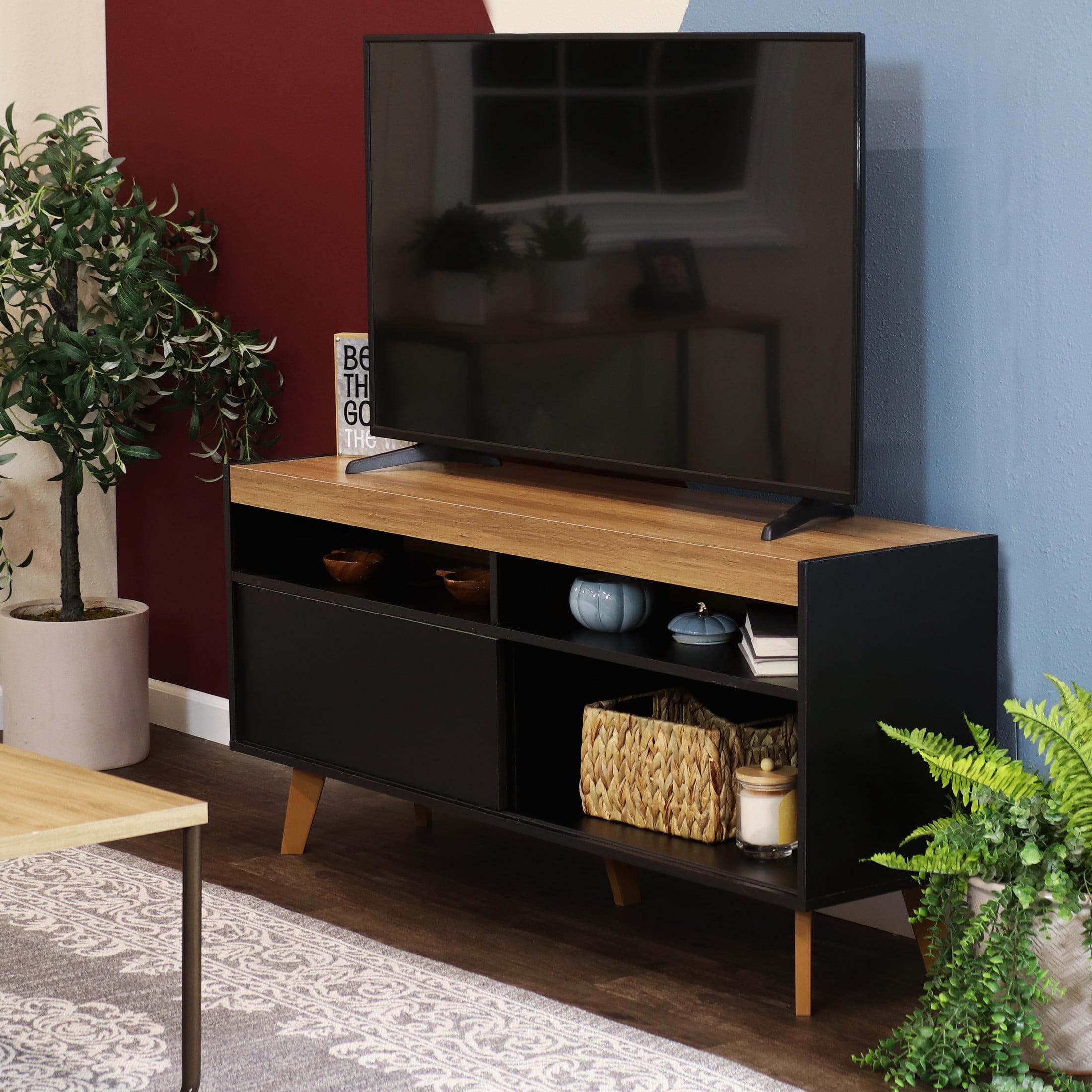 Sunnydaze Mid-Century Modern Console TV Stand for 58" TV with Shelves ...