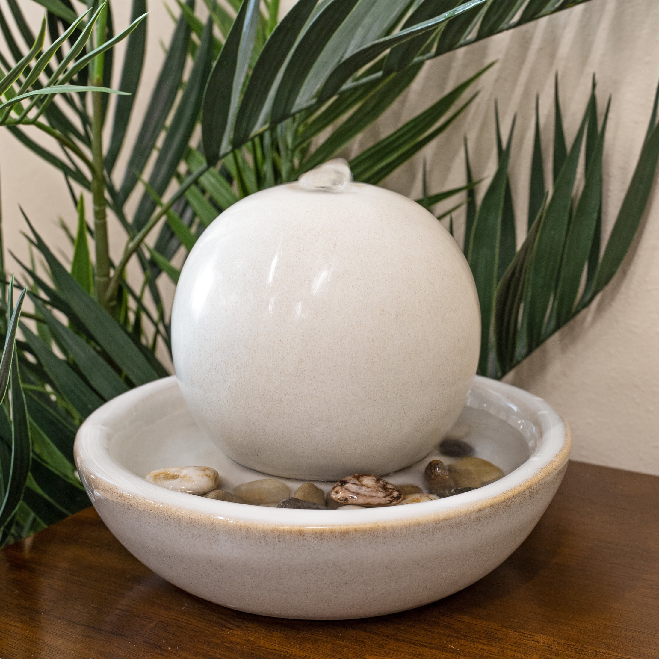 Sunnydaze Modern White Ceramic Tabletop Water Fountain with Orb ...