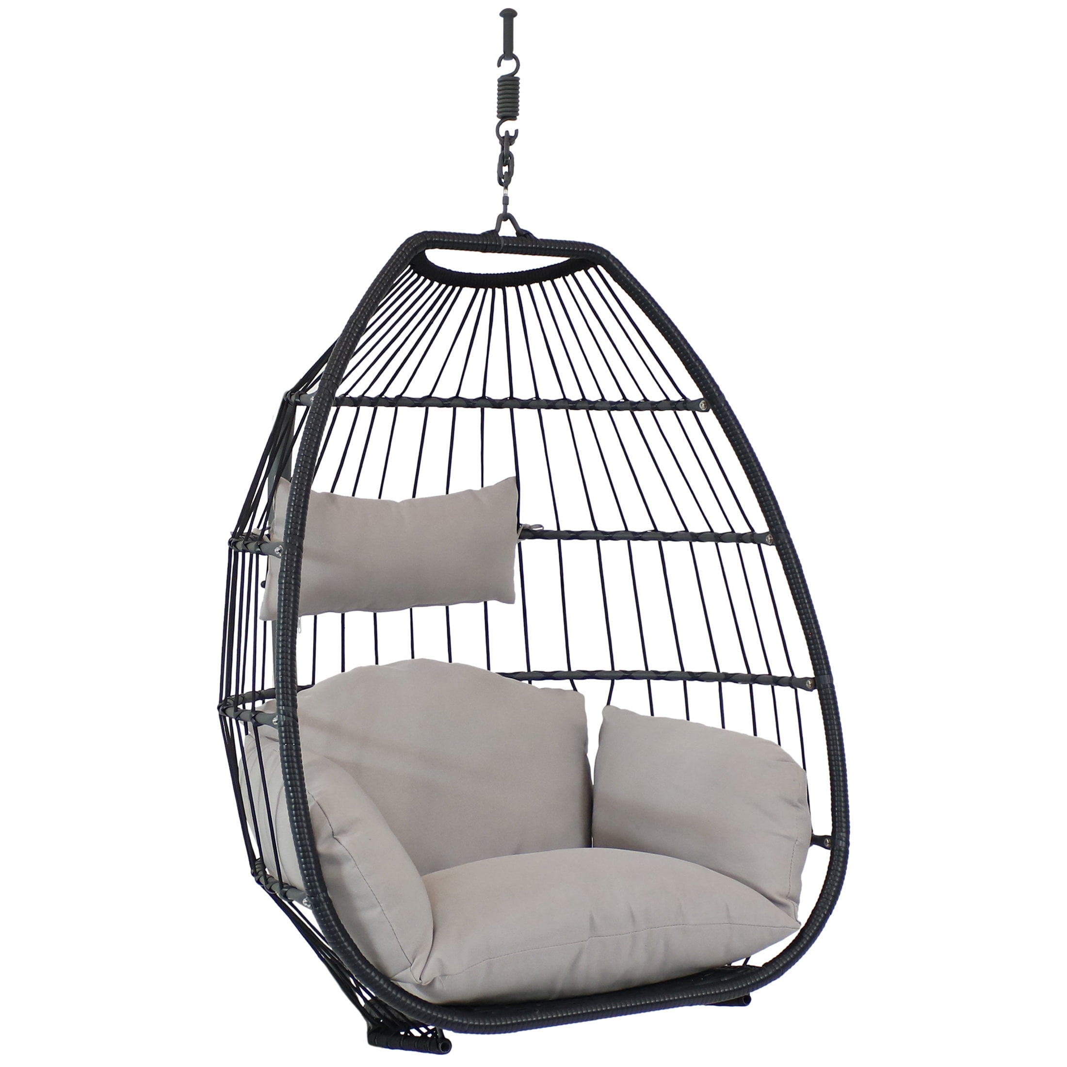 Sunnydaze Oliver Resin Wicker Egg Hanging Chair with Cushions, Gray ...