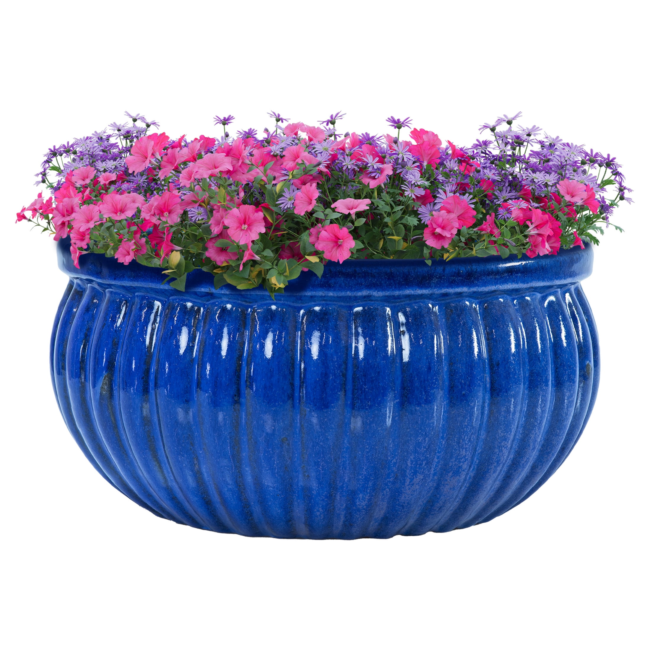 Sunnydaze Ribbed 14.5" Diameter x 7.25" H Round Dark Imperial Blue ...