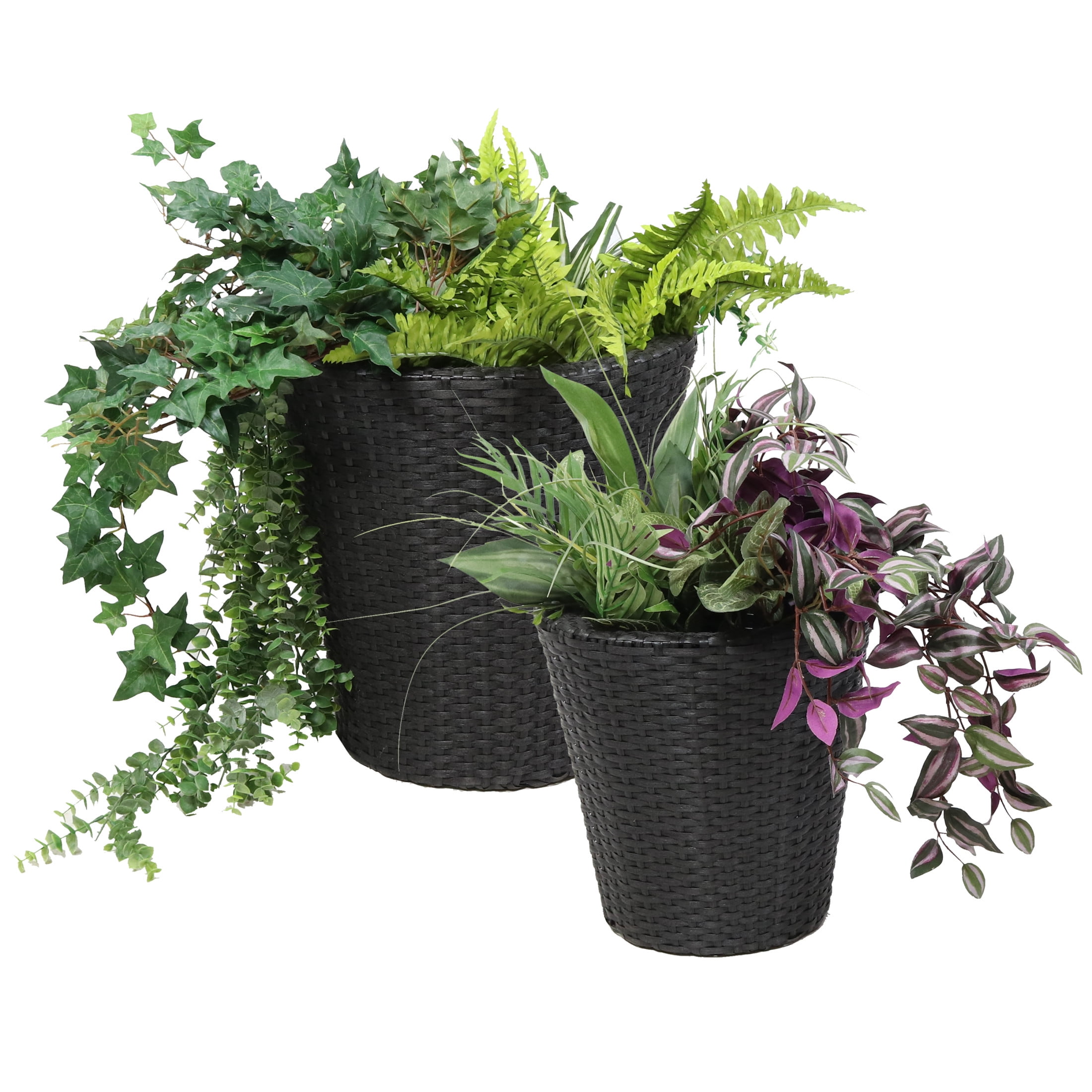 Sunnydaze Modern Assorted Round Black Polyrattan Indoor Planter with ...