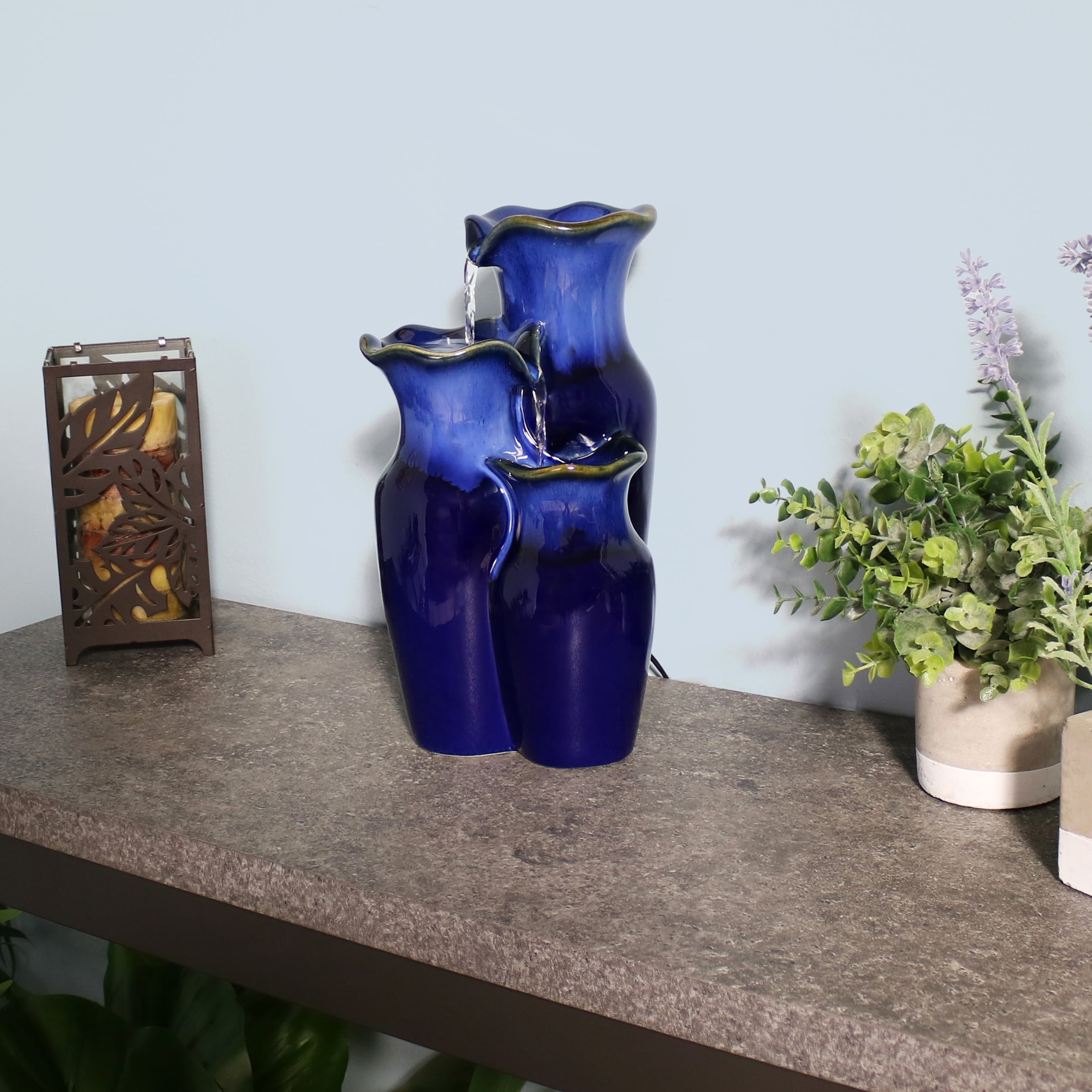 Sunnydaze Tiered Pitchers Blue Ceramic Tabletop Fountain, 11.5-Inch ...