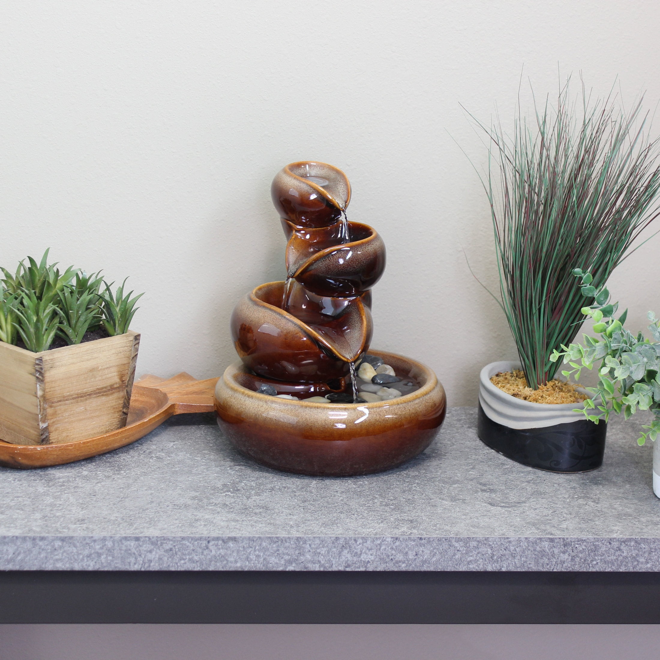 Sunnydaze Tiered Vessels Modern Ceramic Brown Tabletop Fountain ...