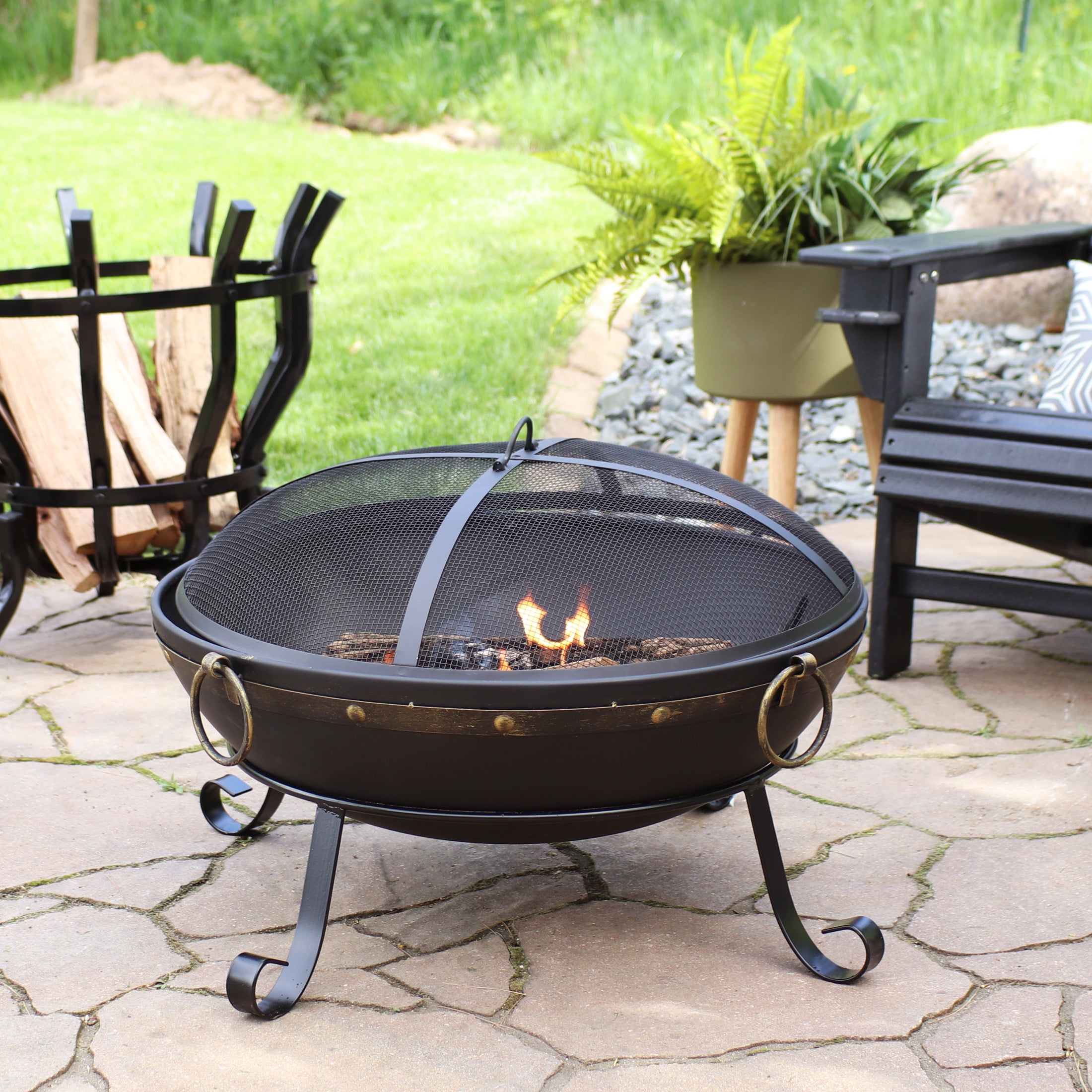 Sunnydaze Victorian 25" Round Wood-Burning Black Finish Steel Fire Bowl ...