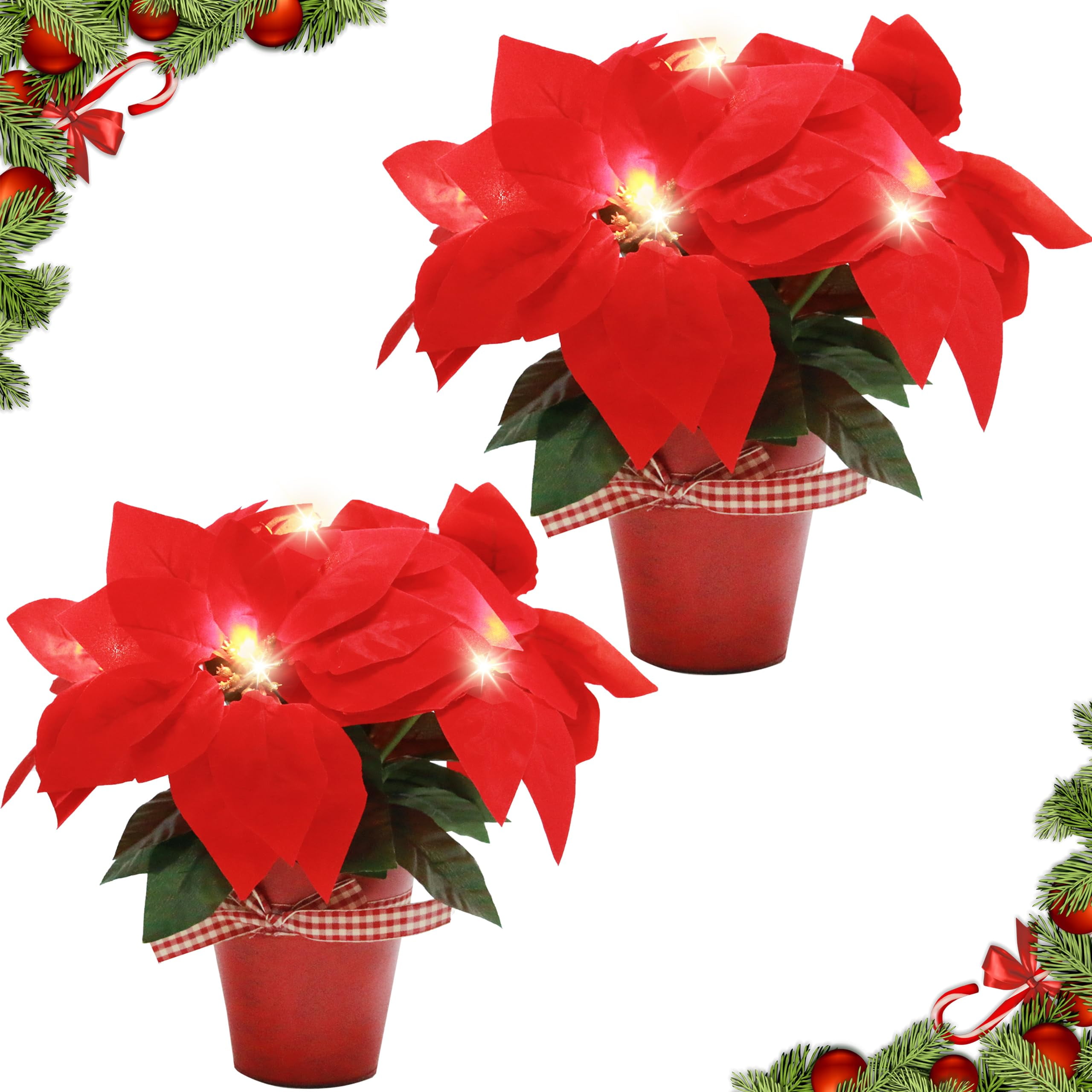 Sunnyglade 2 Pack Lighted Poinsettia Flowers Pre-Lit Artificial Poinsettias Plants in Pot Silk ...