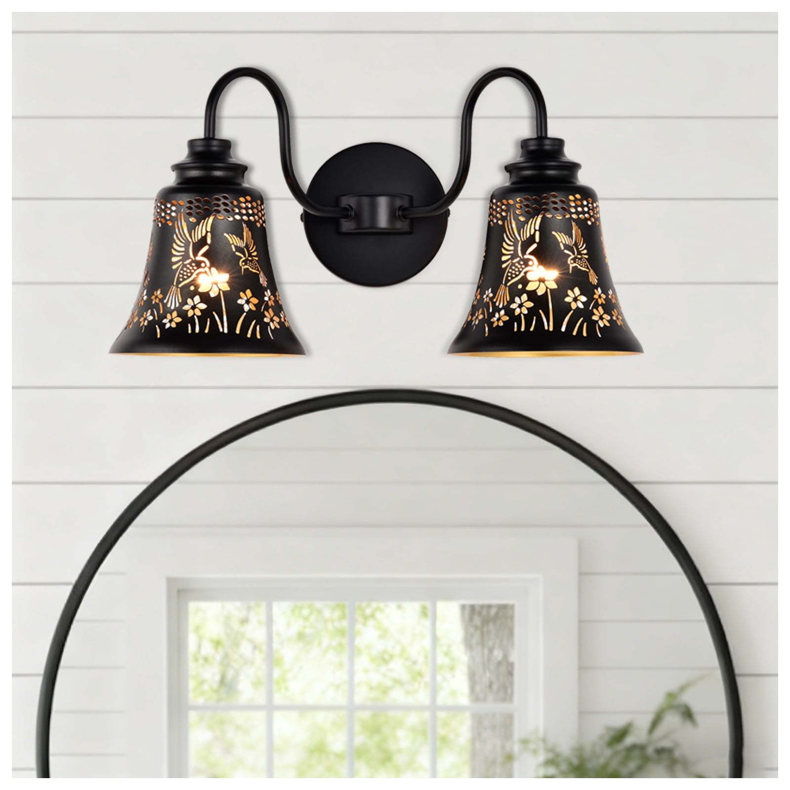 Sunnyin 2-Light Hummingbird Rustic Wall Sconce Black Gold Vanity Lamp ...