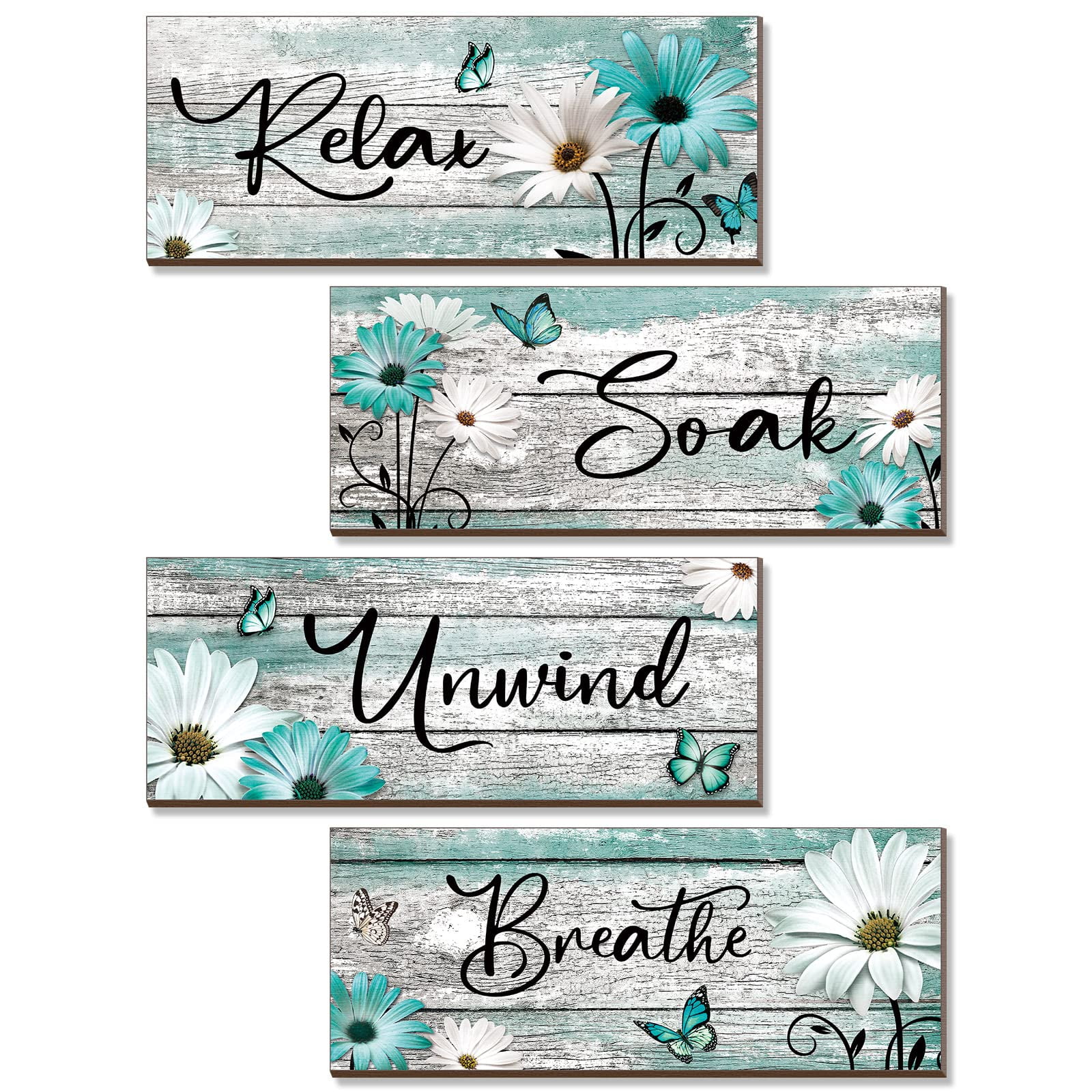 Sunnyray 4 Pcs Farmhouse Bathroom Wall Decor Sign Spring Daisy Tulip Flowers and Butterfly ...
