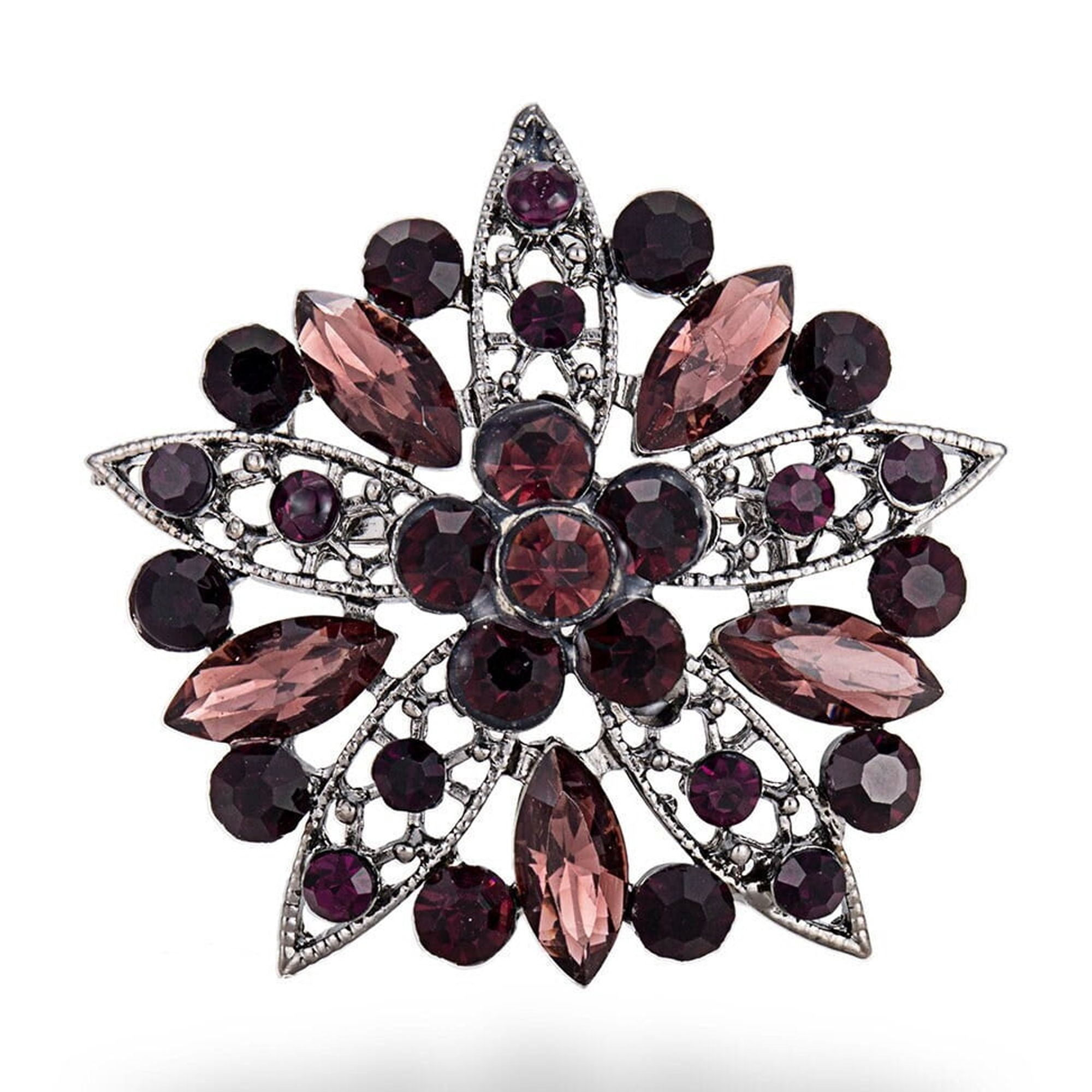 Sunnywood Antique Silver Brooch Pin – Dark Red Rhinestone Floral Star ...