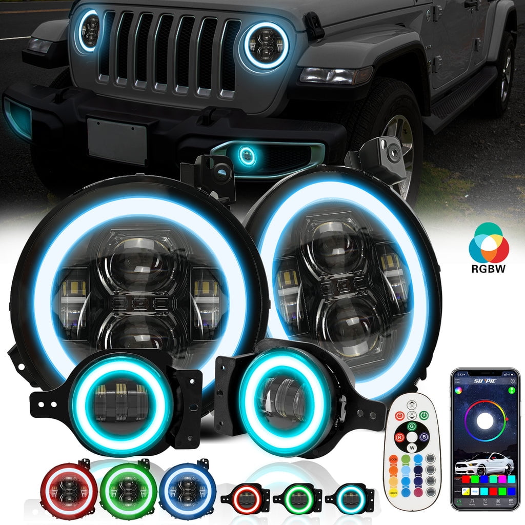 "Sunpie RGBW Halo LED 9"" Headlights & 4"" Fog Lights for Jeep Wrangler ...
