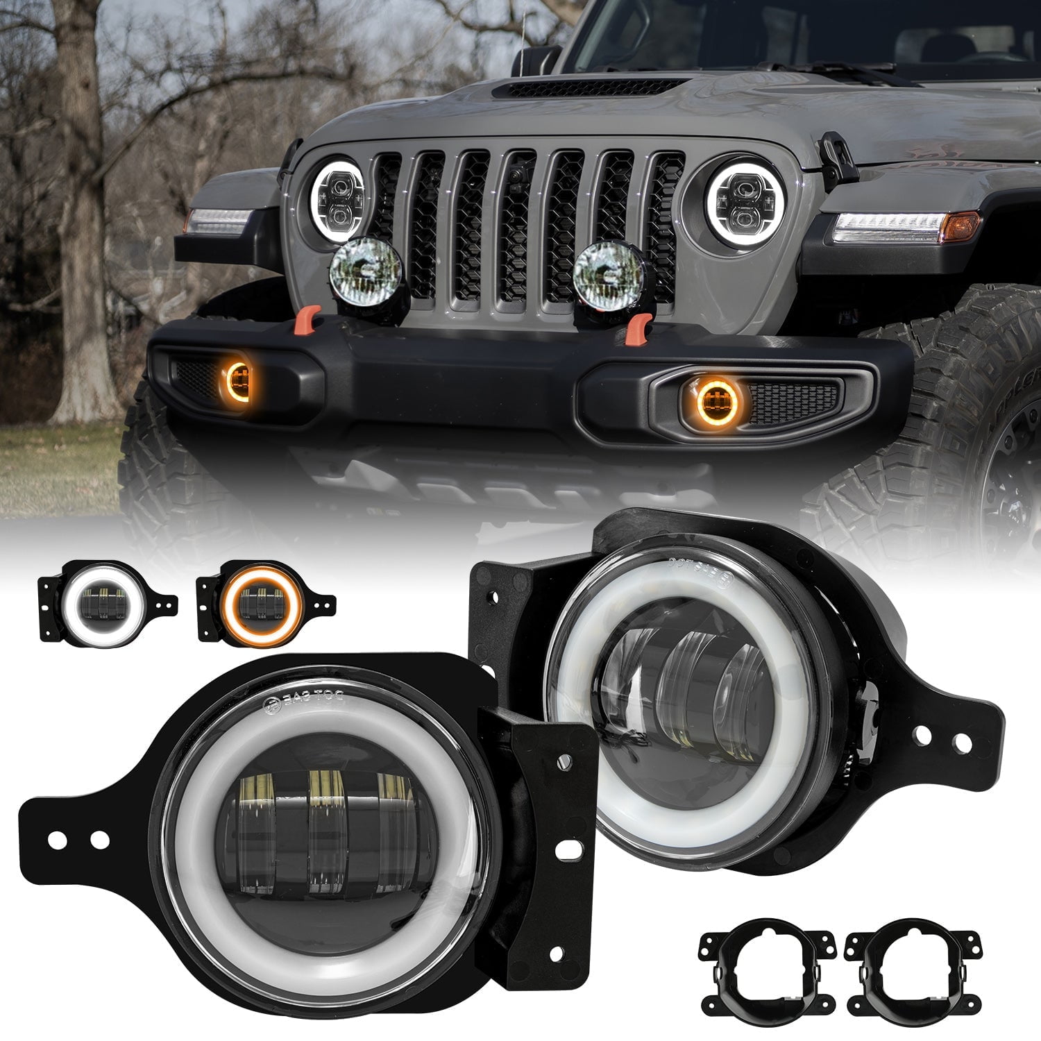 Sunpie Jeep Wrangler 4" LED Fog Lights with DRL & Amber Turn Signal for ...