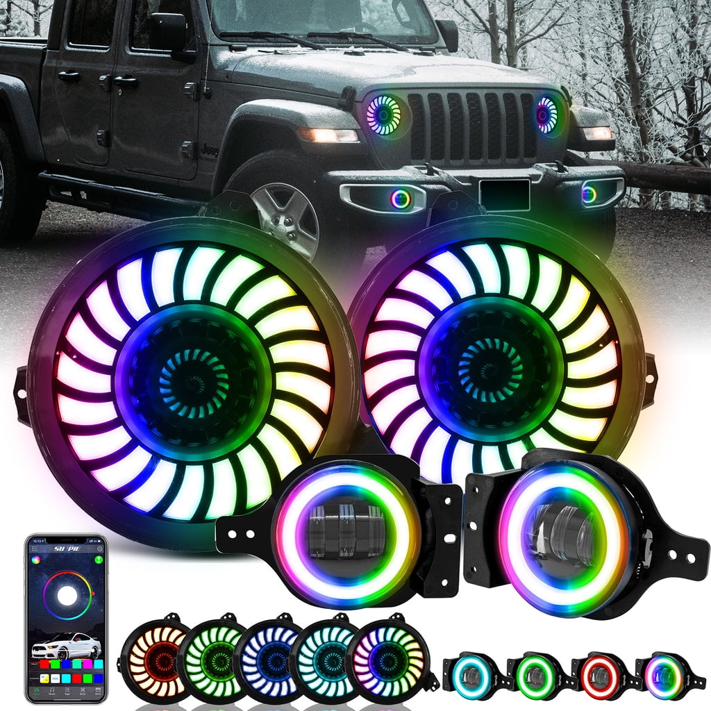 "Sunpie 9"" RGB 3D LED Headlights & 4"" Fog Lights Kits for 2018-24 ...