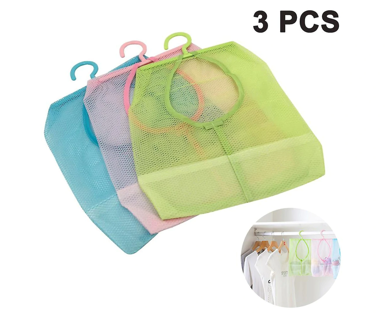 Sunrain 3 Pcs Clothes Peg Bag Storage Basket With Hooks Hanging Net ...