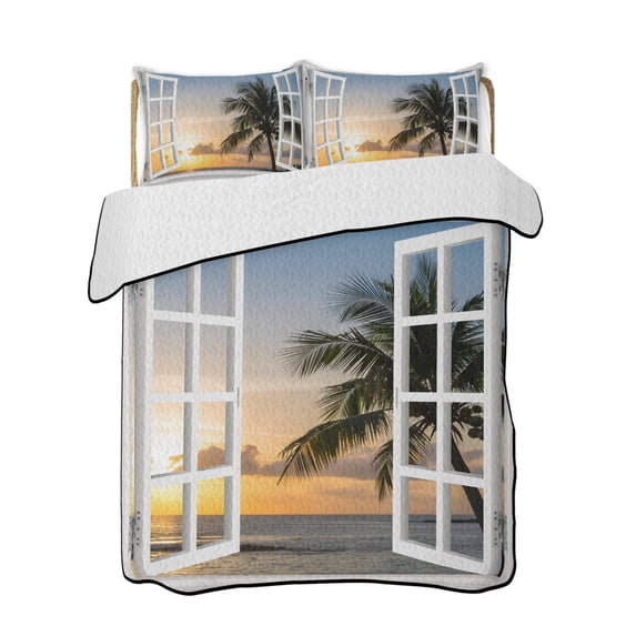 Sunrise Beach 3 Pieces Quilt Set, 1 Quilt with 2 Shams, Coconut Trees ...