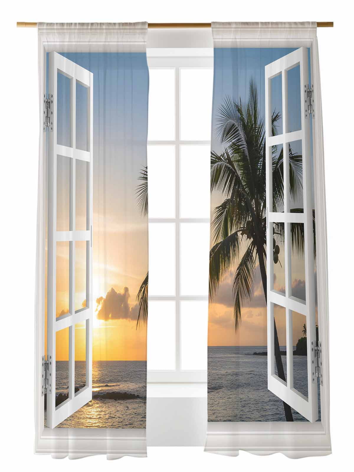 Sunrise Beach Sheer Curtains 2 Panels Set Coconut Trees Seascape ...