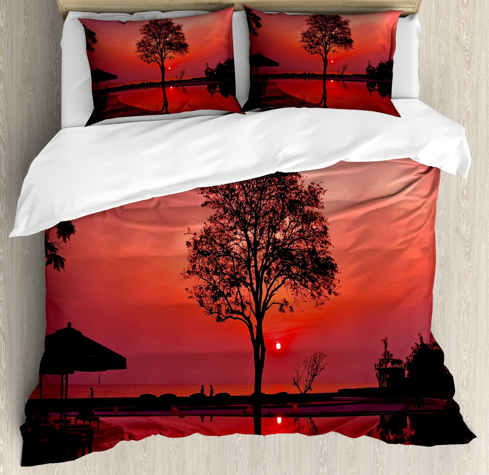 Sunrise Duvet Cover Set, Silhouette of Misty Twilight Sky with Tree and ...