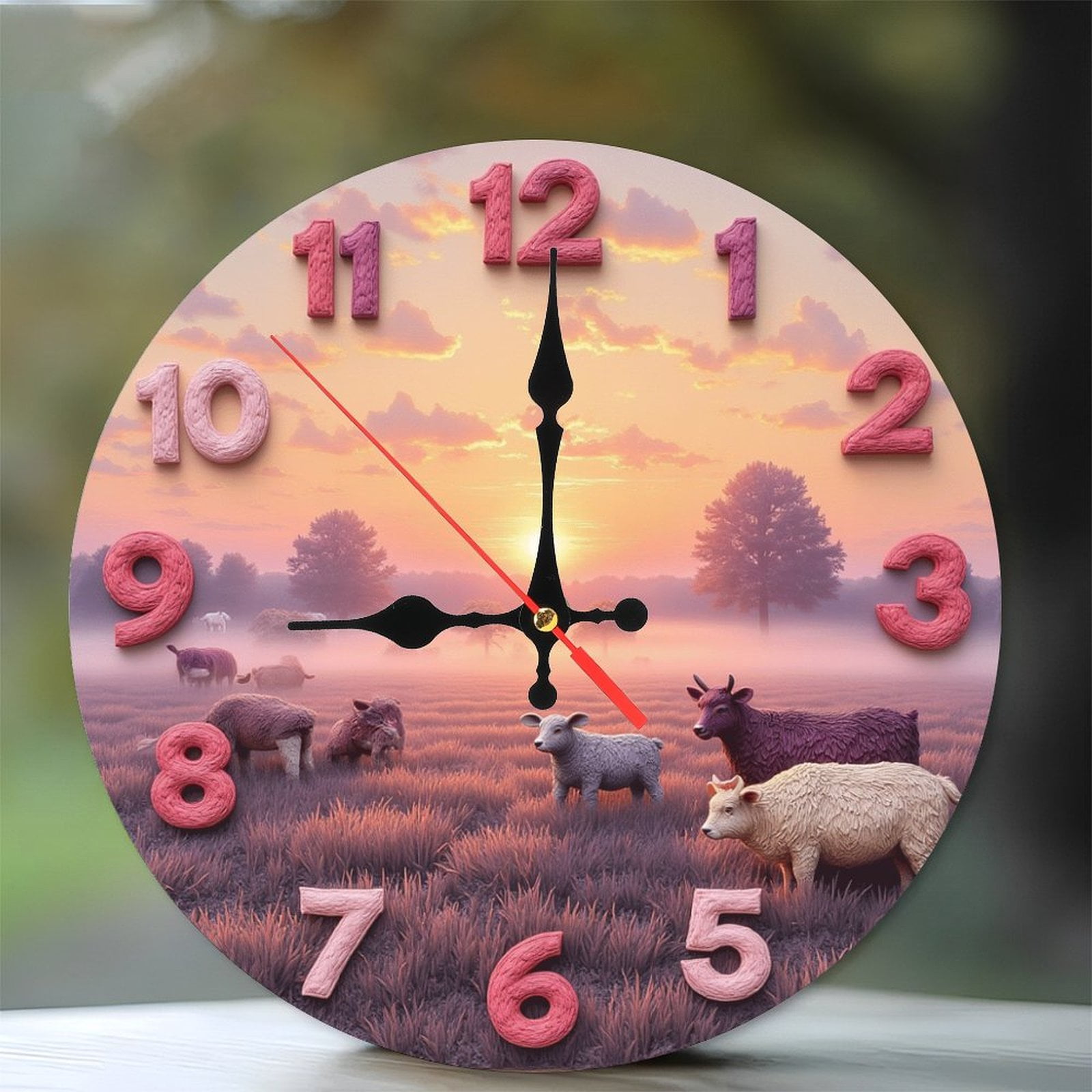 Sunrise Farm Animals Wall Clock Pastoral Scenery 10-Inch Silent Wooden ...
