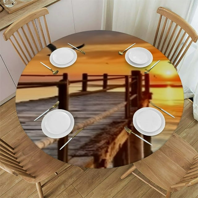 Sunrise Fitted Tablecloth Round Elastic Table Cover, Seagull Ocean and ...