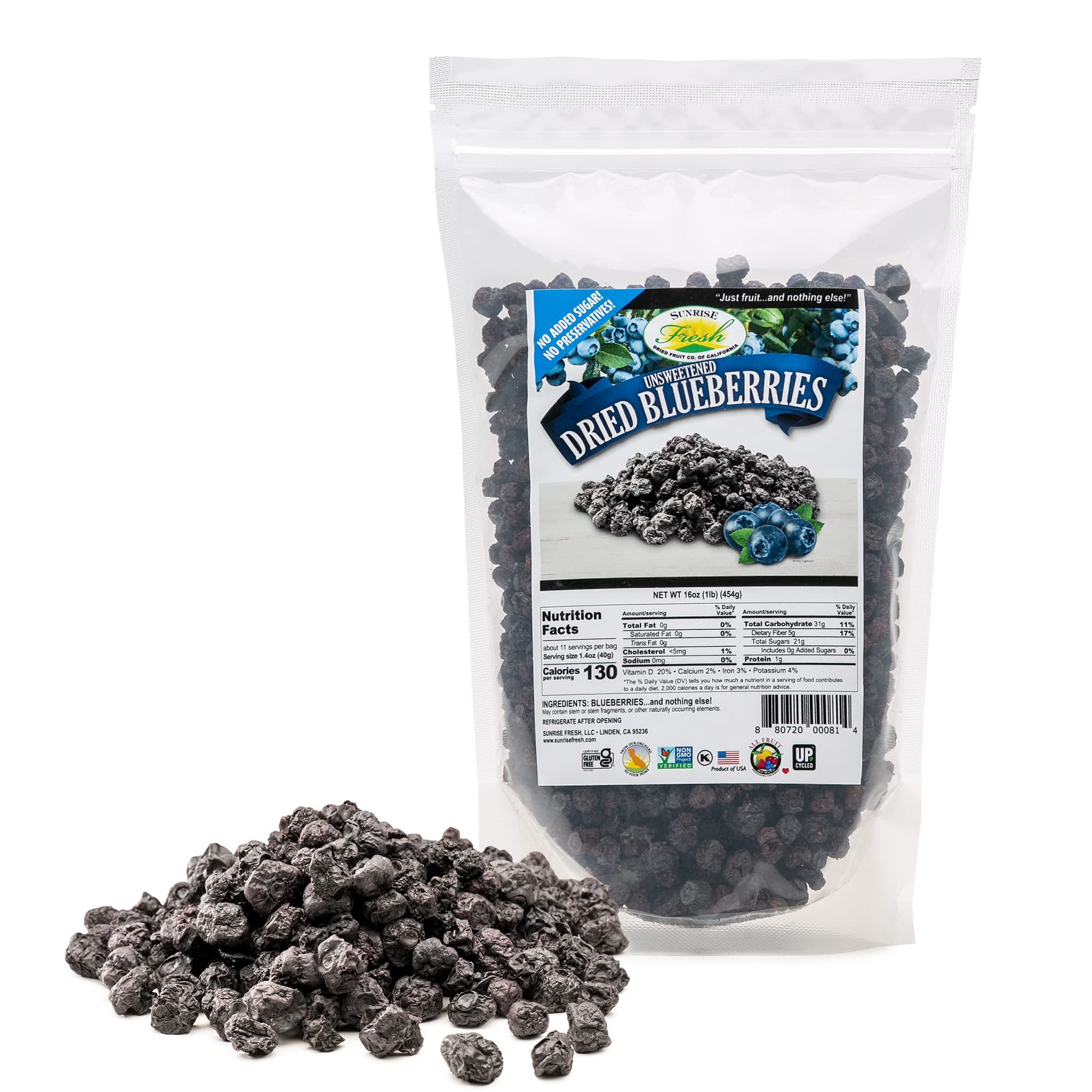 Sunrise Fresh Dried Blueberries, 1lb. Bag - No Sugar Added, Dehydrated ...