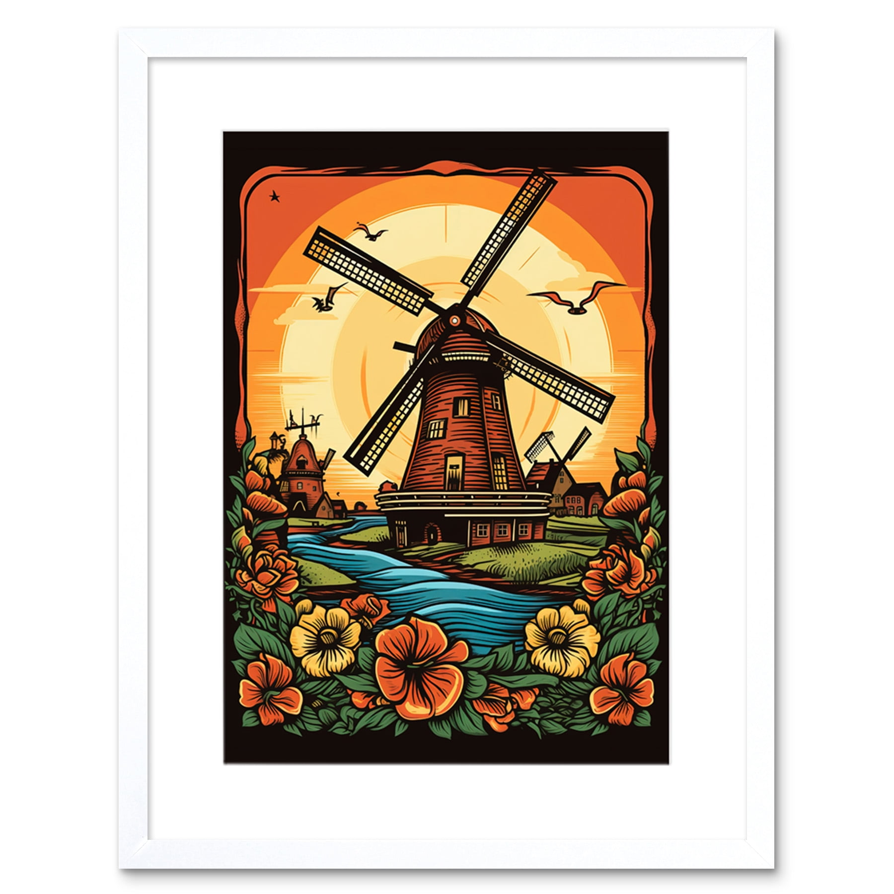 Sunrise Landscape Dutch Windmills and Flowers Rockabilly Americana 50s ...