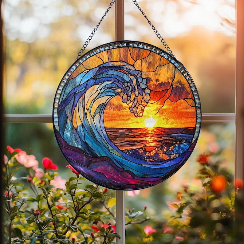 Sunrise On The Beach Stained Glass Suncatcher, Ocean Waves At Sunrise ...