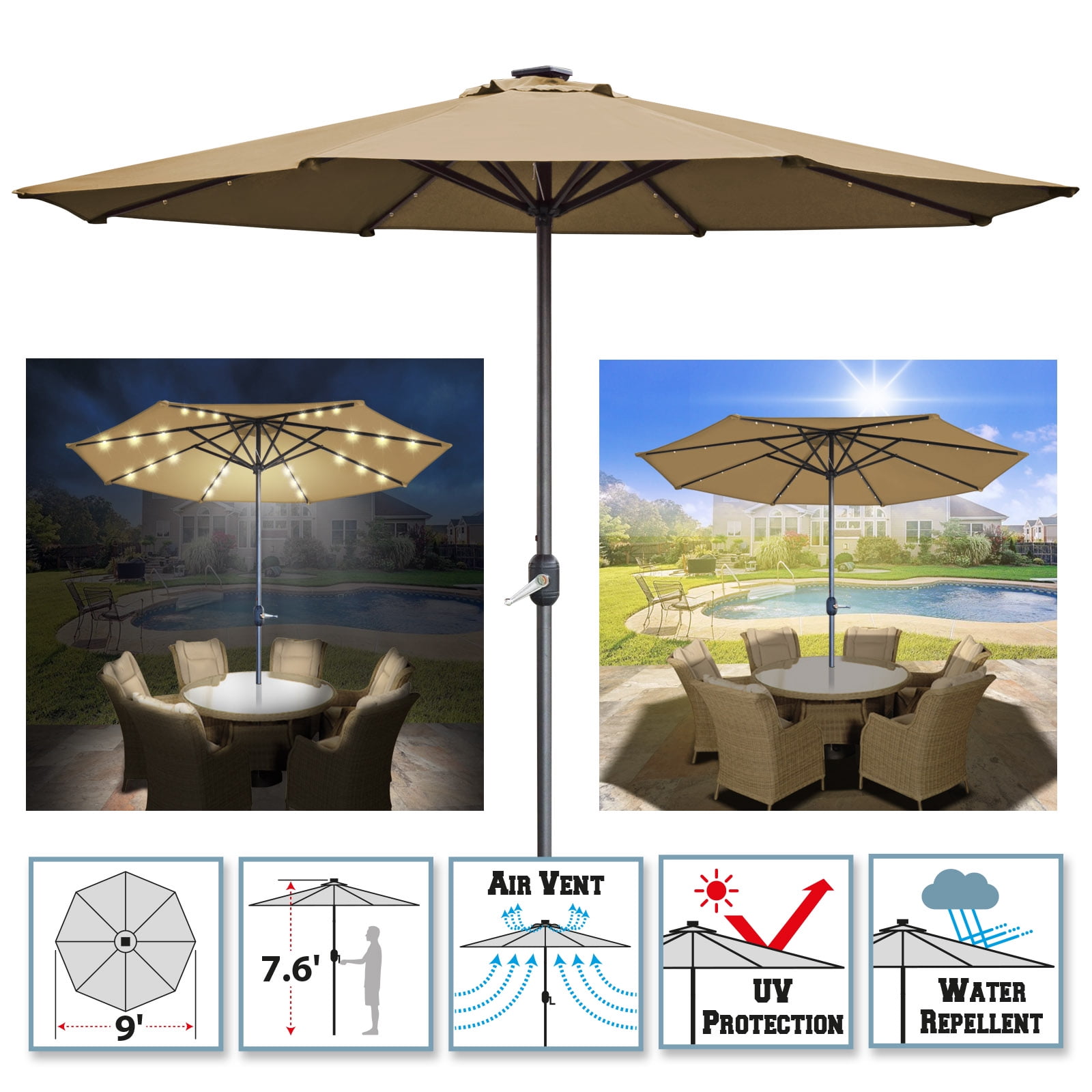 Sunrise Outdoor Patio 9' Aluminum Solar Powered Patio Umbrella with 8 ...