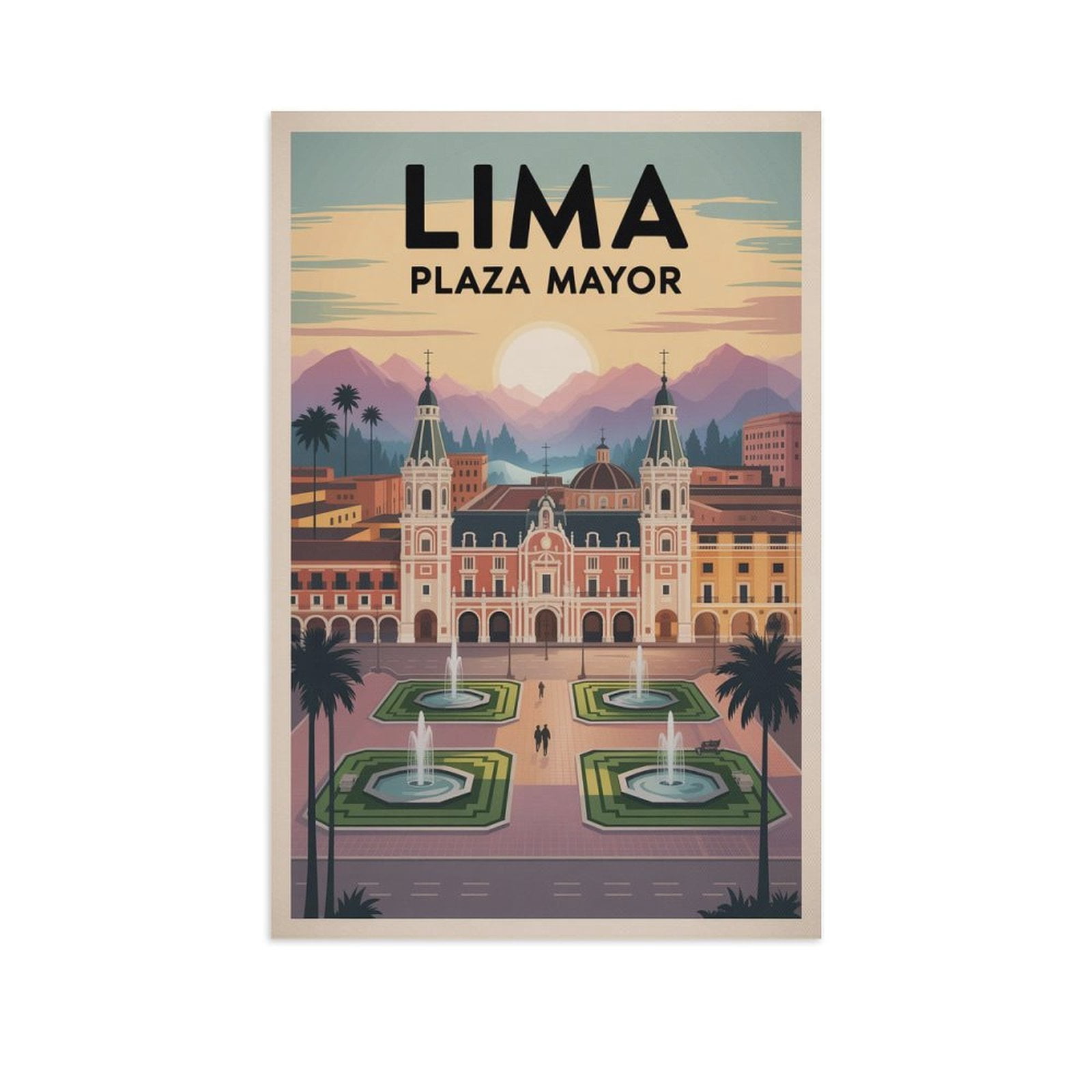 Sunrise Plaza Wall Art Plaza Mayor Peru Retro Travel Poster Lima ...