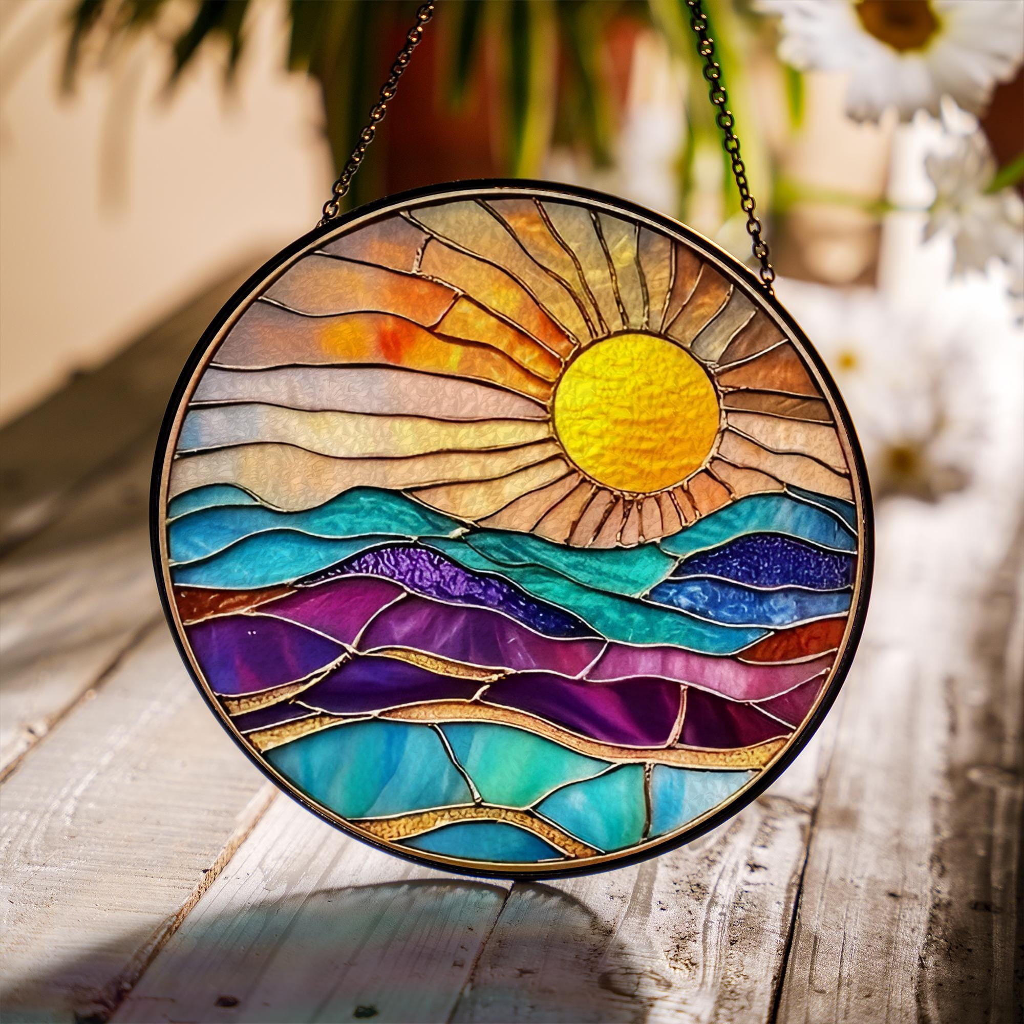 Sunrise Stained Glass Suncatcher, Colorful Mountain Sunset Window Decor ...