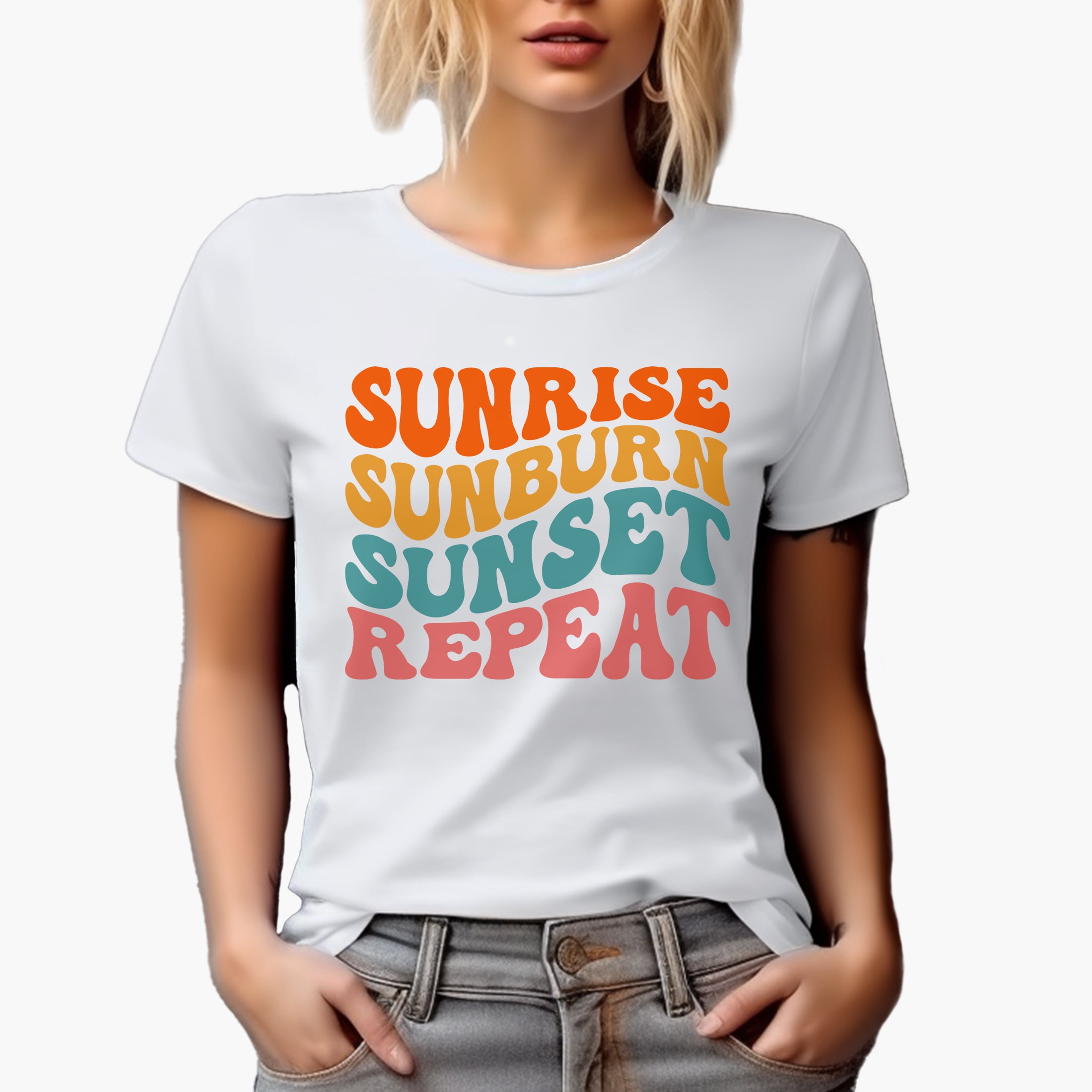 Sunrise, Sunburn, Sunset, Repeat, Summer Themed, Groovy Retro Wavy Text Merch Gift, White T ...