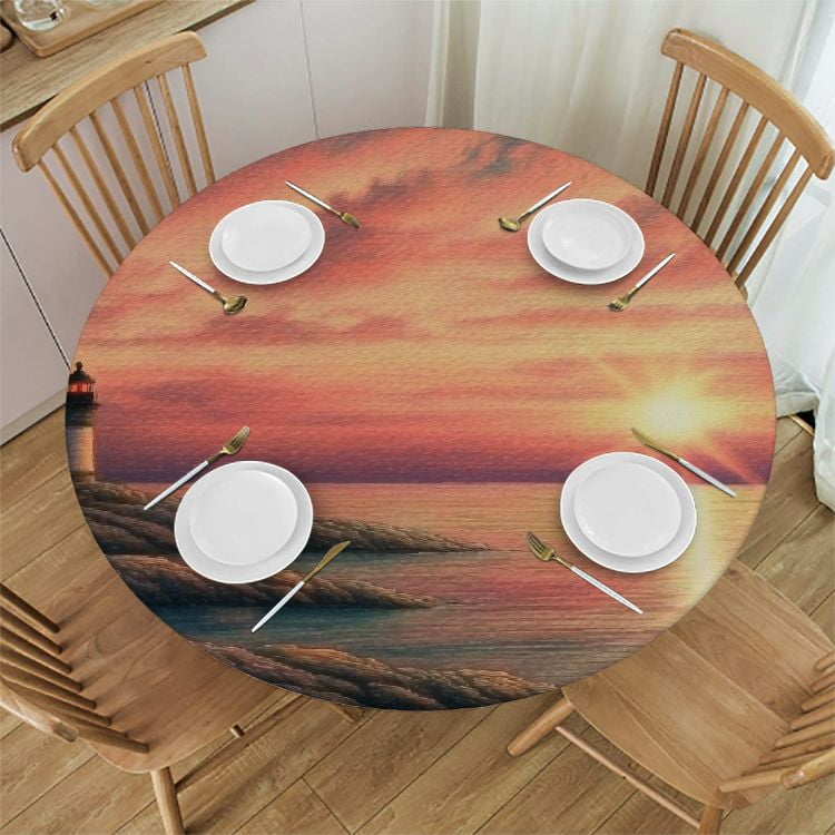 Sunrise View Round Fitted Tablecloth with Elastic Edge Sunset Seaside ...