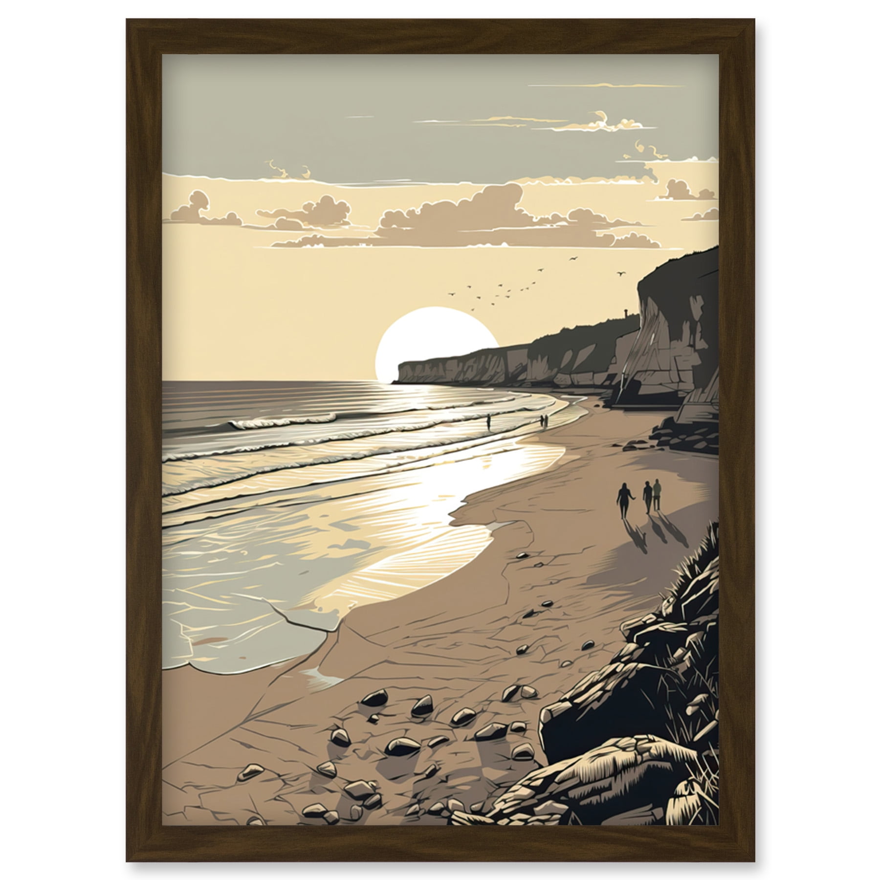 Sunrise Walk on Filey Beach Coastal Illustration Artwork Framed Wall ...