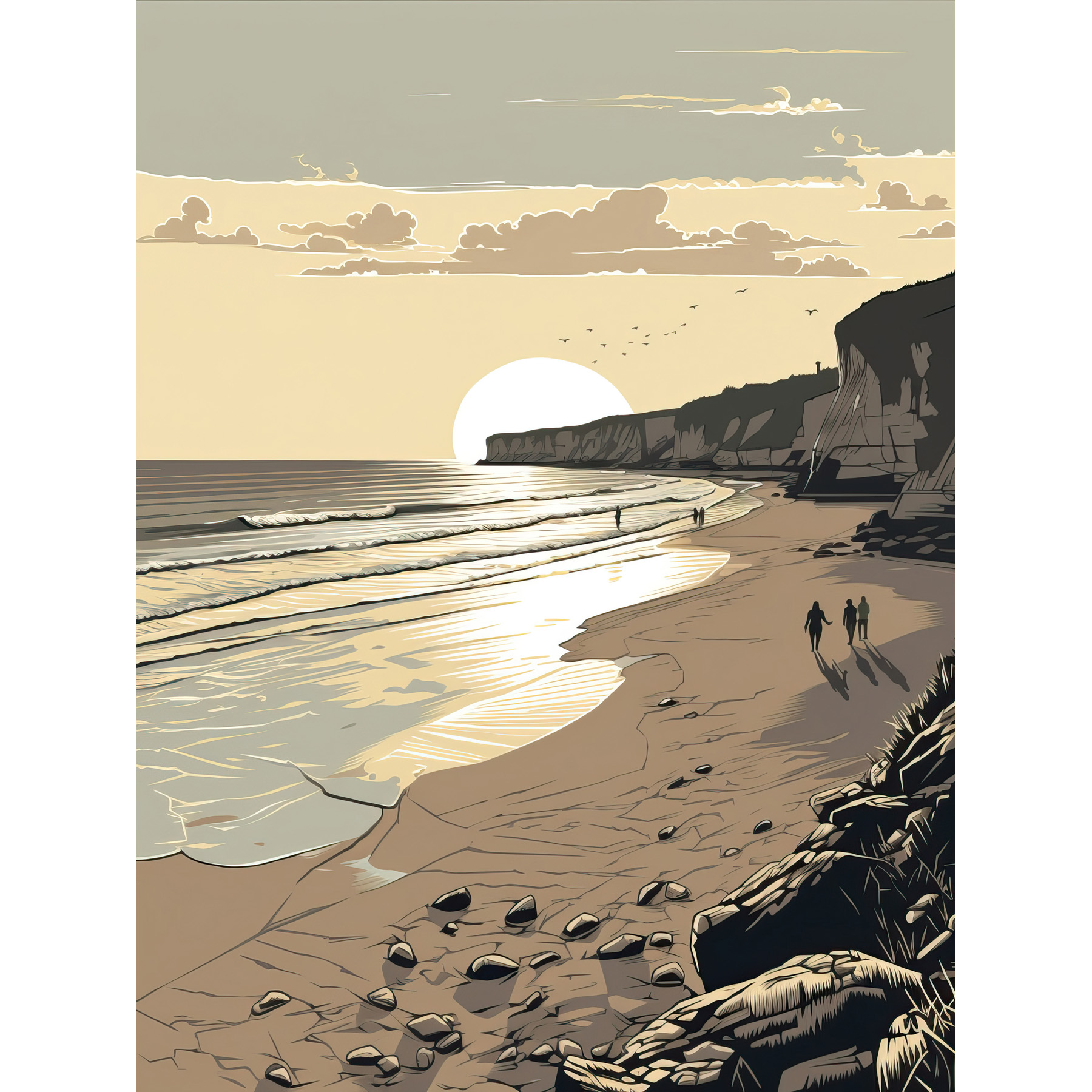 Sunrise Walk on Filey Beach Coastal Illustration Extra Large XL Wall ...