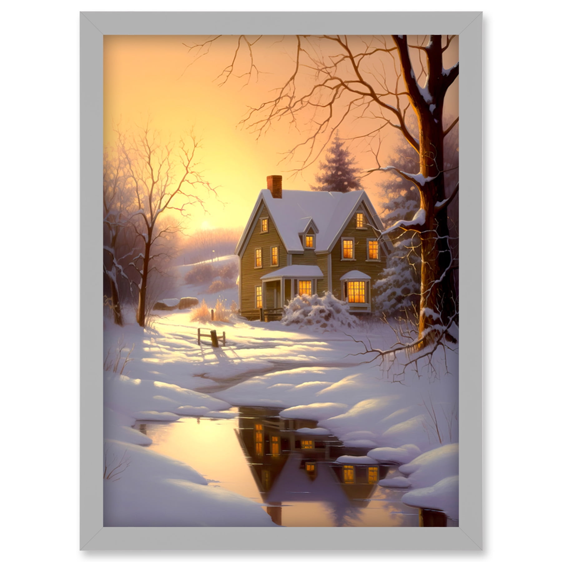 Sunrise Winter Cottage Landscape Oil Painting Snowy Countryside Snow ...