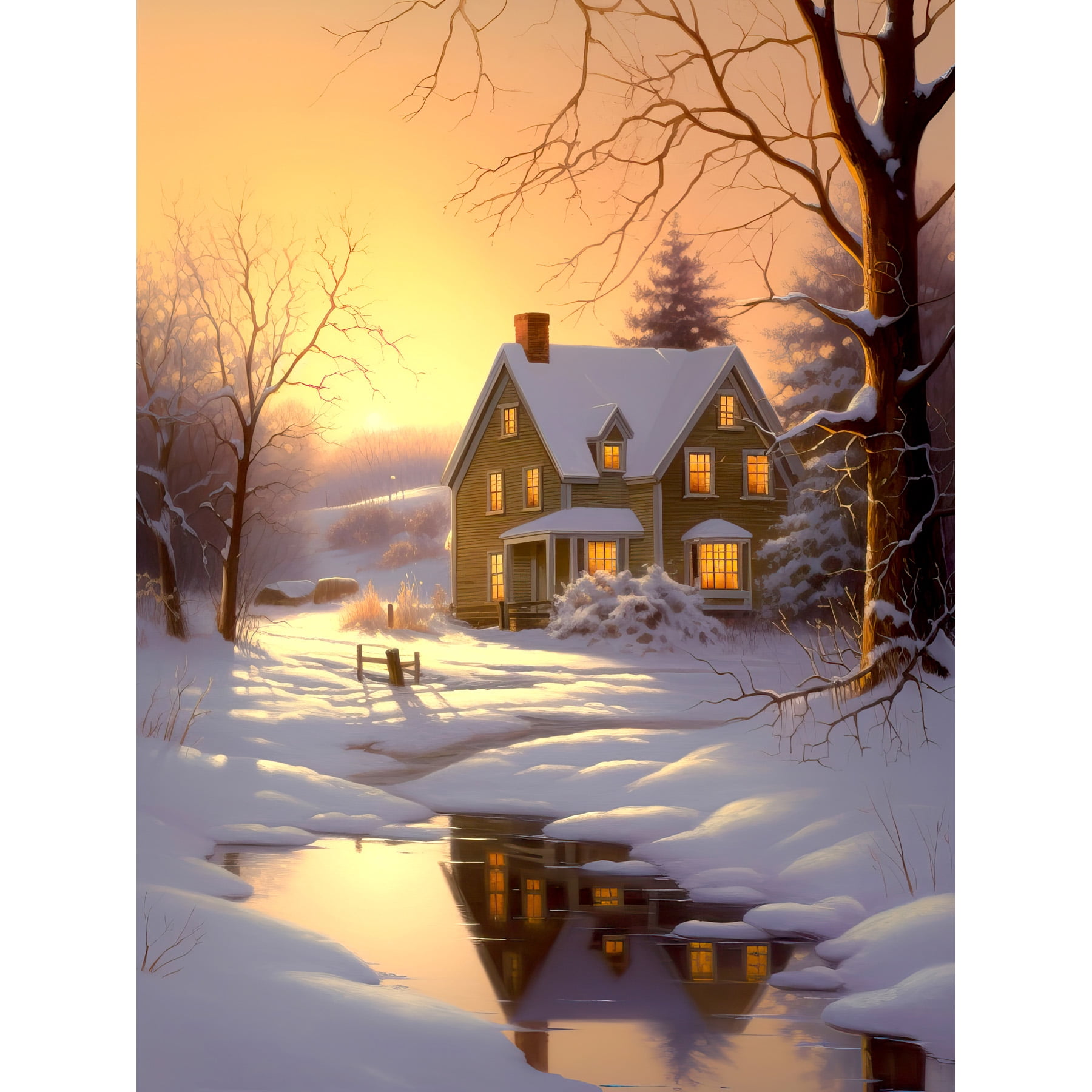 Sunrise Winter Cottage Landscape Oil Painting Snowy Countryside Snow ...