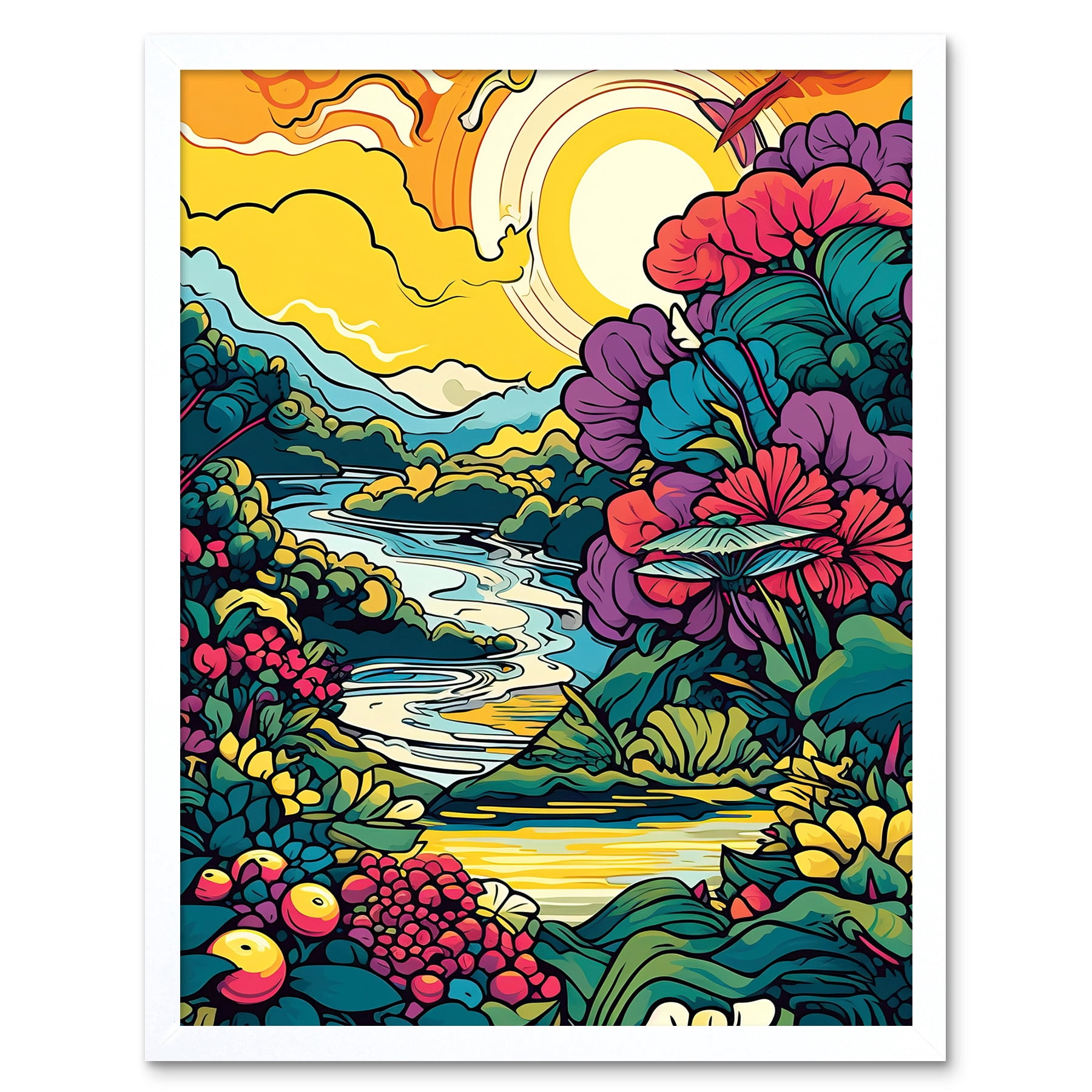 Sunrise over Polynesian River Landscape Vibrant Tropical Nature Polka ...