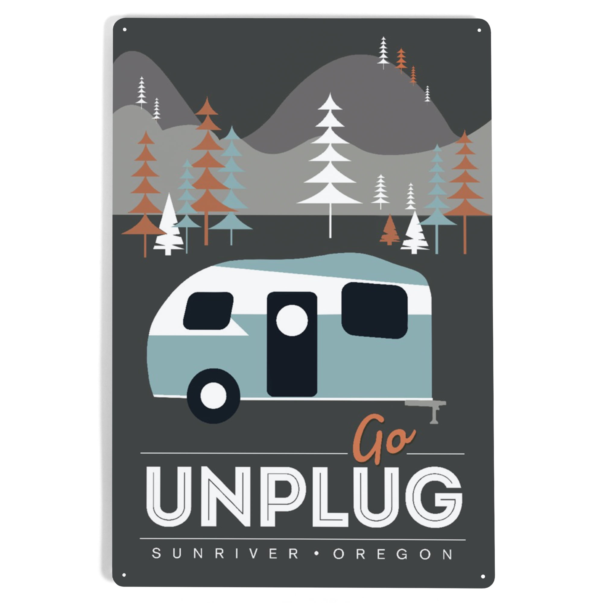 Sunriver, Oregon, Go Unplug, Retro Camper, Vector (12x18 Aluminum Art ...