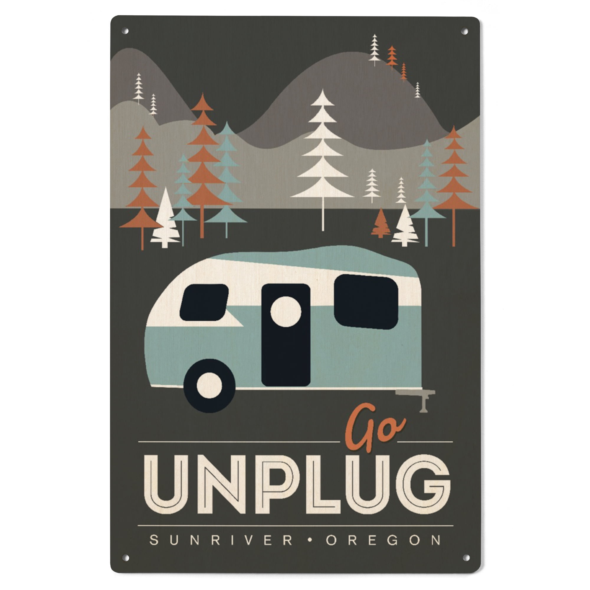 Sunriver, Oregon, Go Unplug, Retro Camper, Vector Birch Wood Wall Sign ...