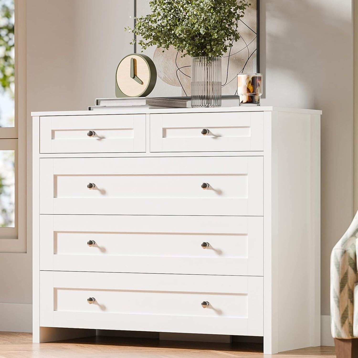SunsGrove White Chest of Drawers for Bedroom with 5 Drawers, 39.4" Wood ...