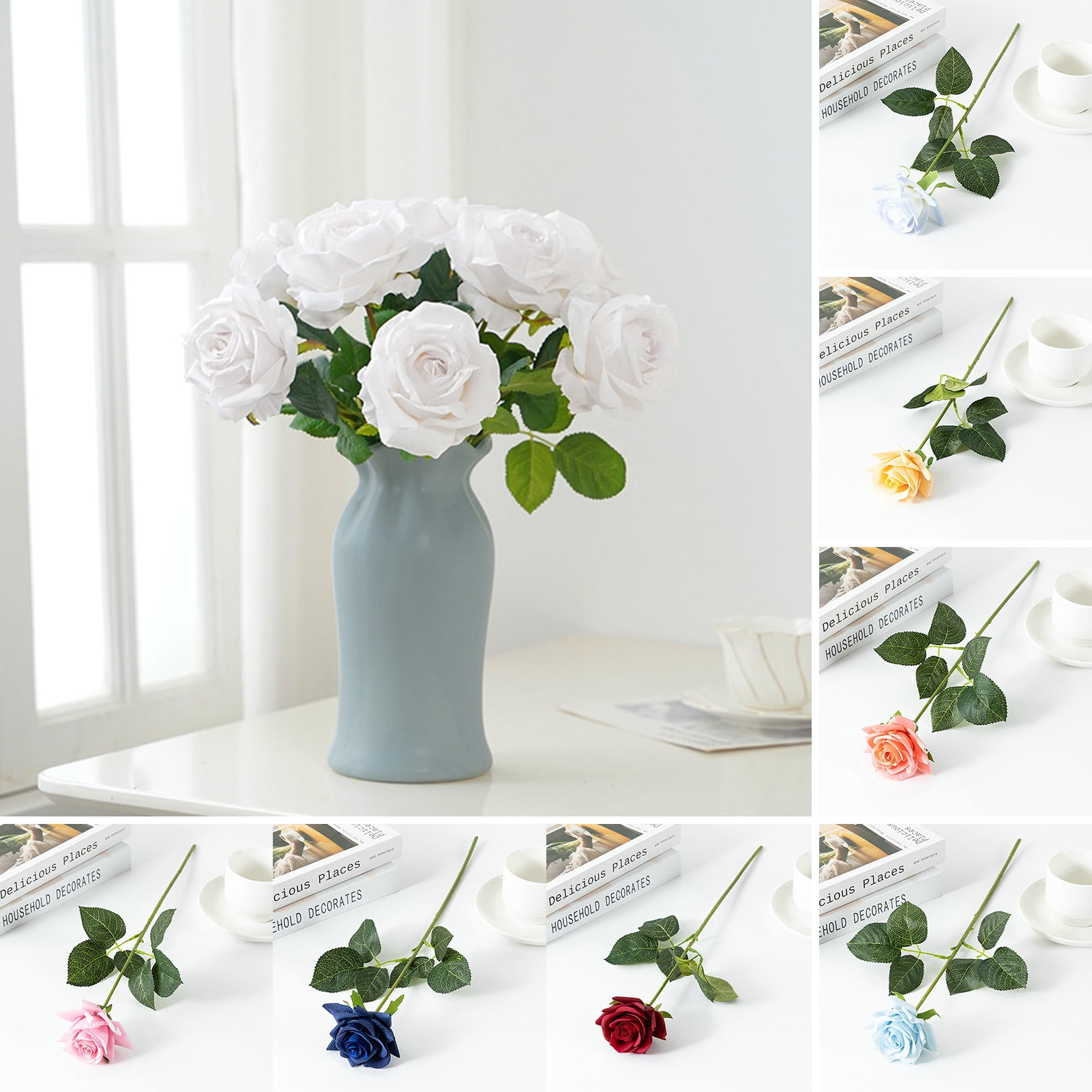 Sunsanly Single Rose Artificial Flower, Realistic Single Stem Fake Silk ...