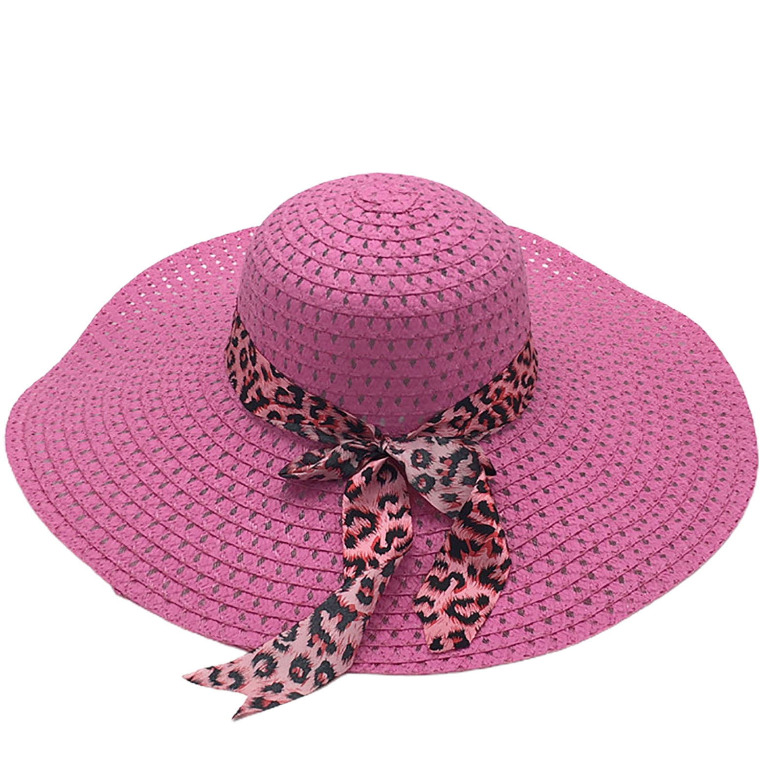 Sunscreen Braided Foldable Straw Hat Leopard Bowknot Decor Wide Brim ...