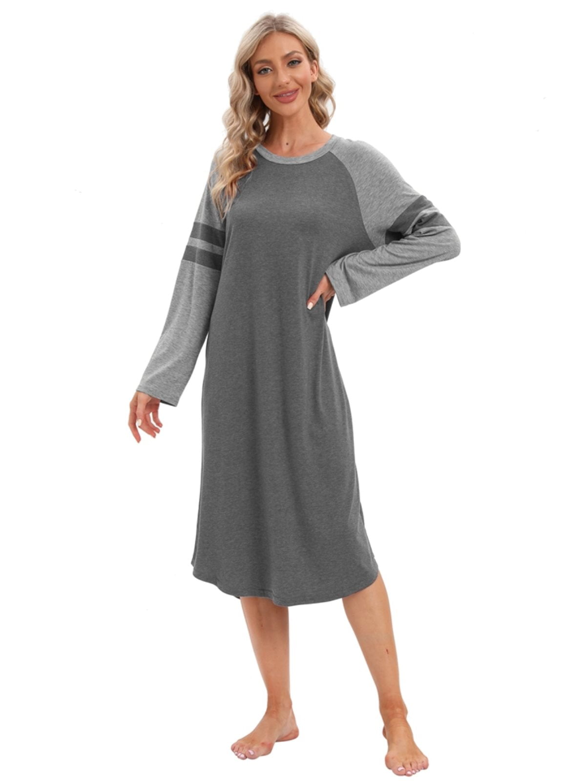 Sunsent Women's Nightgown Cotton Long Sleeve Sleepshirts Round Neck Mid-Length Nightshirt ...
