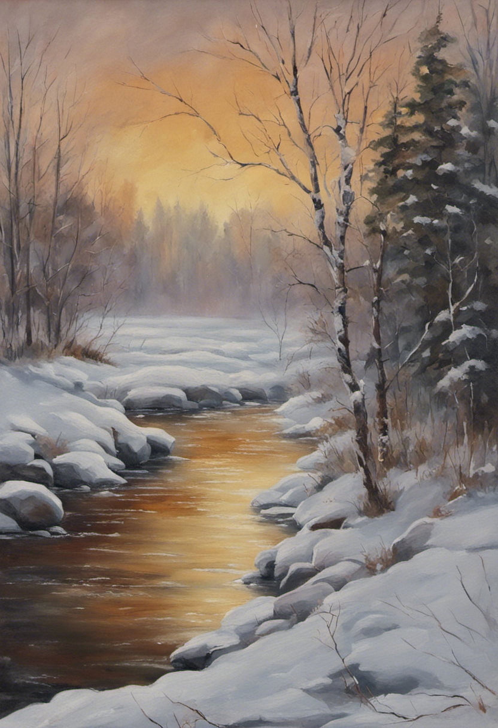 Sunset Along a Snowy Stream Painting - 12" x 18" Art Print Wall Decor ...
