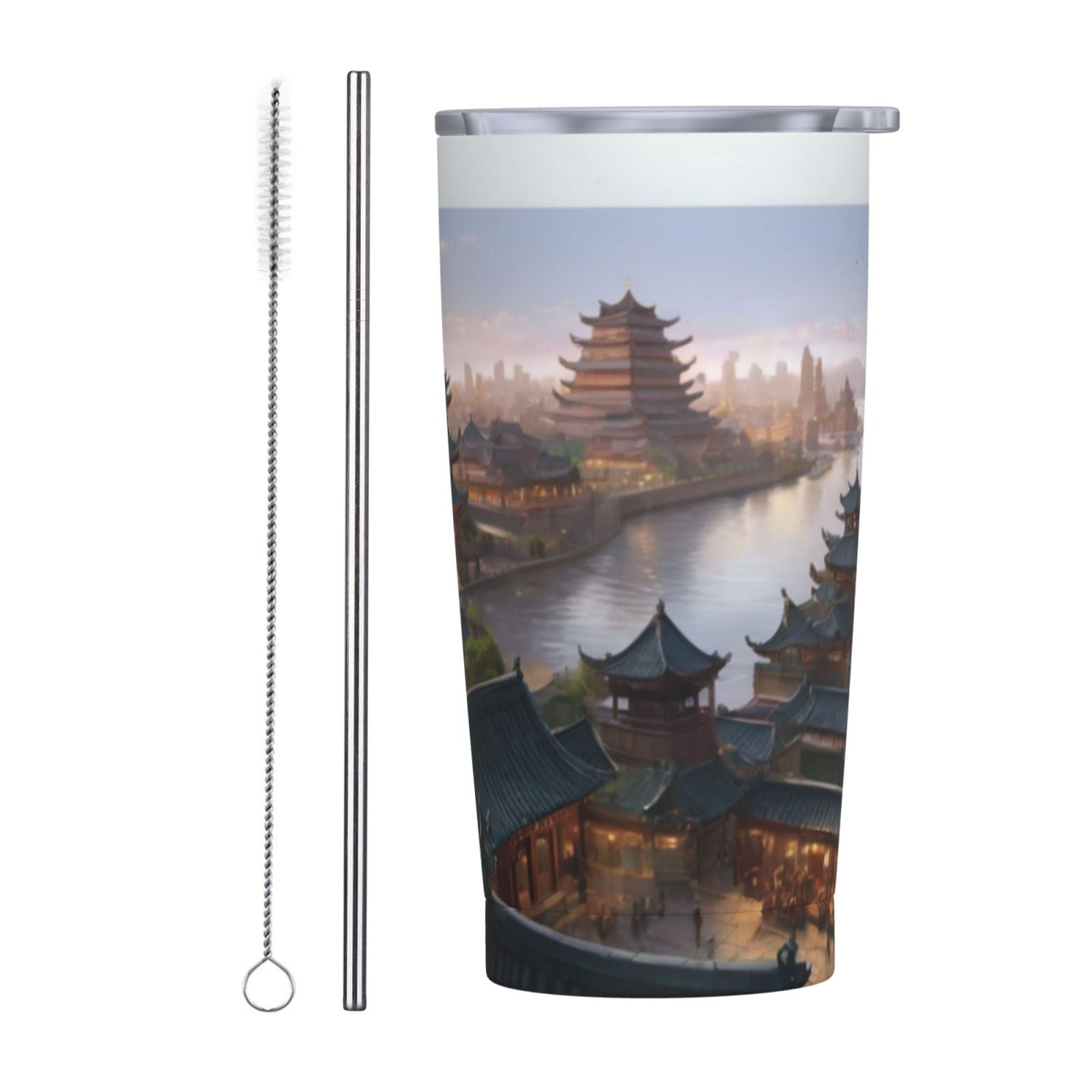 Sunset over Ancient East Asian Cityscape 20 oz insulated cup, stainless ...