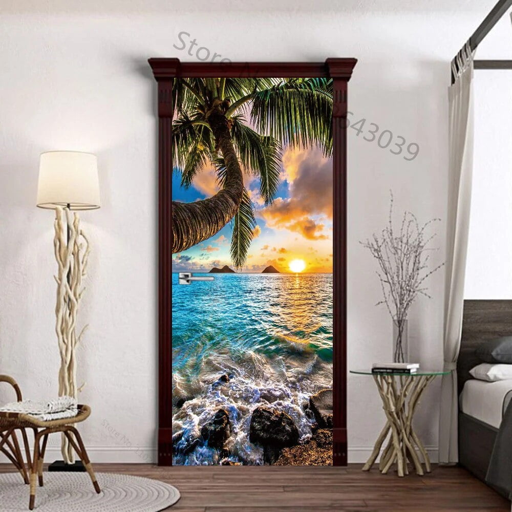 Sunset At Dusk Lake Door Stickers Beach Adhesive Mural Decoration 3D ...